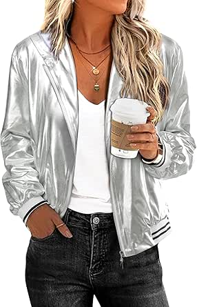 Amazon.com: TSIPR Women Sparkly Holographic Silver Metallic Jacket Glitter Zipper Hooded Rave ...