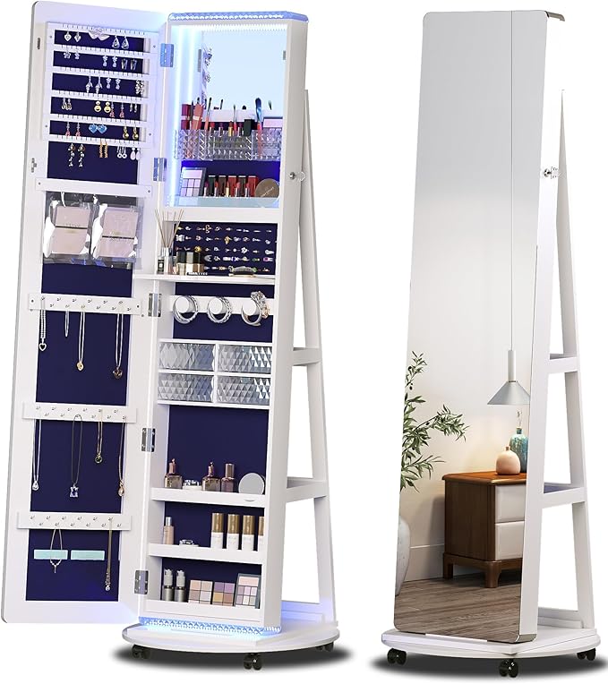 Amazon.com: 360° Swivel Standing Full Length Mirror Jewelry Cabinet ...