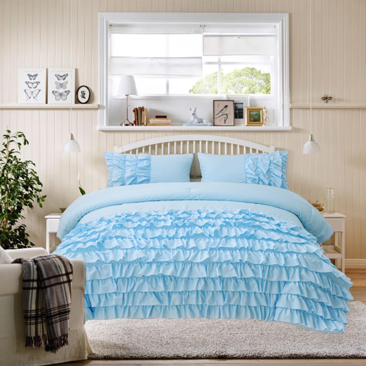 Amazon.com: Holawakaka Light Blue Waterfall Ruffle Comforter Set Full ...