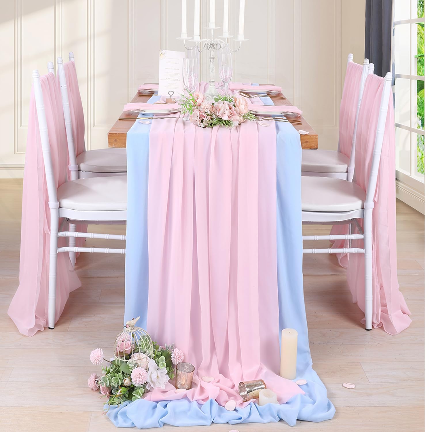 Amazon.com: QueenDream 5 Pieces 10Ft Wedding Table Runner Pink Chiffon ...