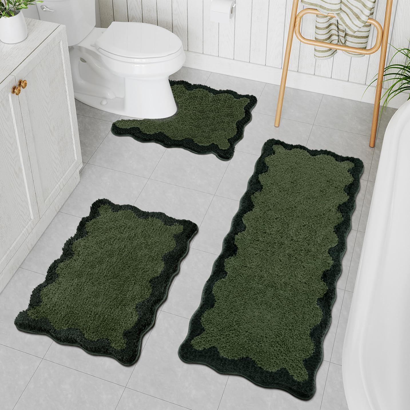Amazon.com: Uphome Scalloped Bathroom Rugs Sets 3 Piece Green Non-Slip ...