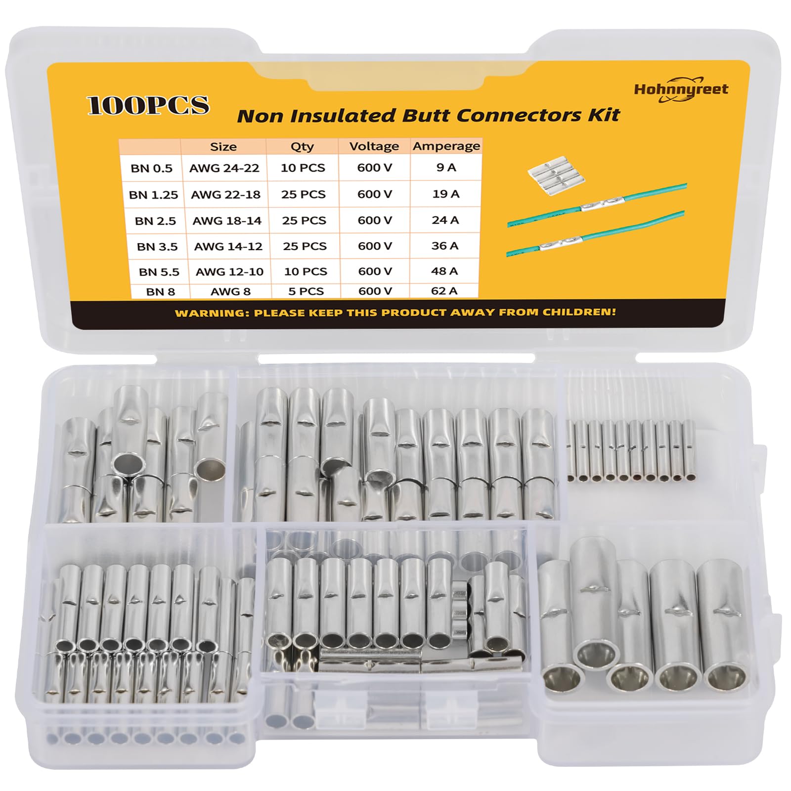 100 PCS Non-Insulated Butt Connectors - Butt Splice Connectors - Mix 24 ...
