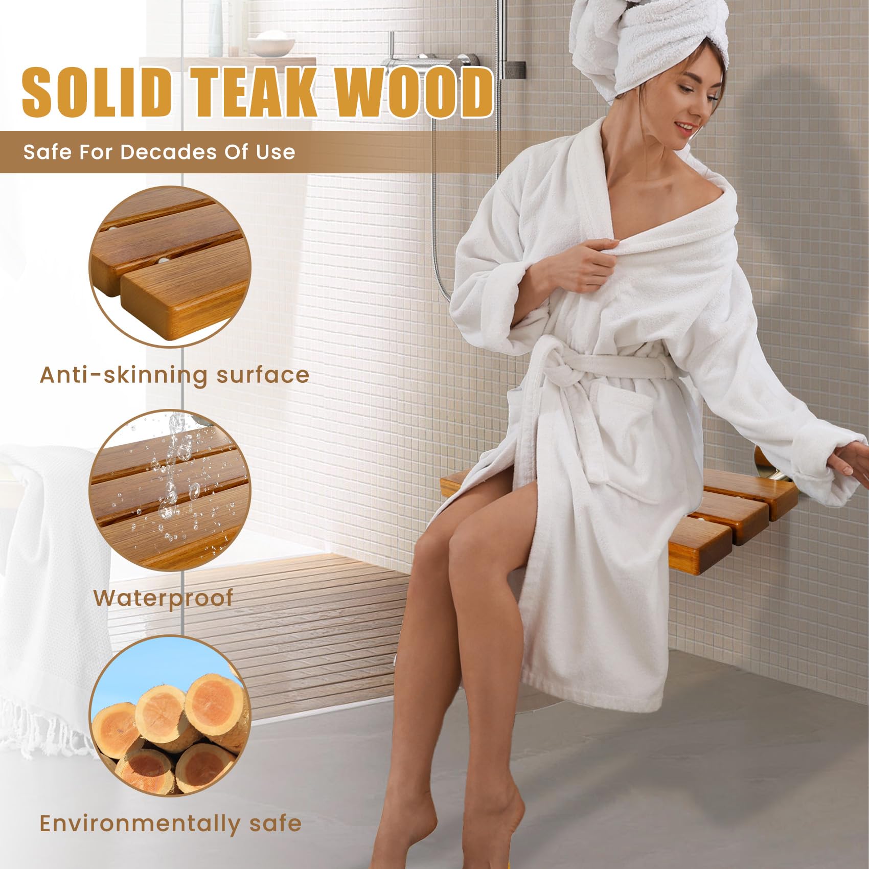 Snapklik.com : 20 Inch Teak Folding Shower Bench Wall Mounted,Fold Down ...