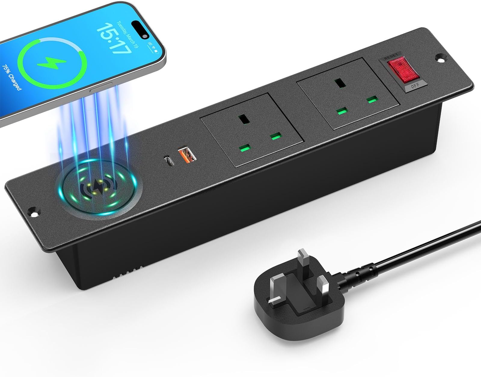 Airmom Recessed Power Strip with 15W Wireless Charging, Desk Power ...