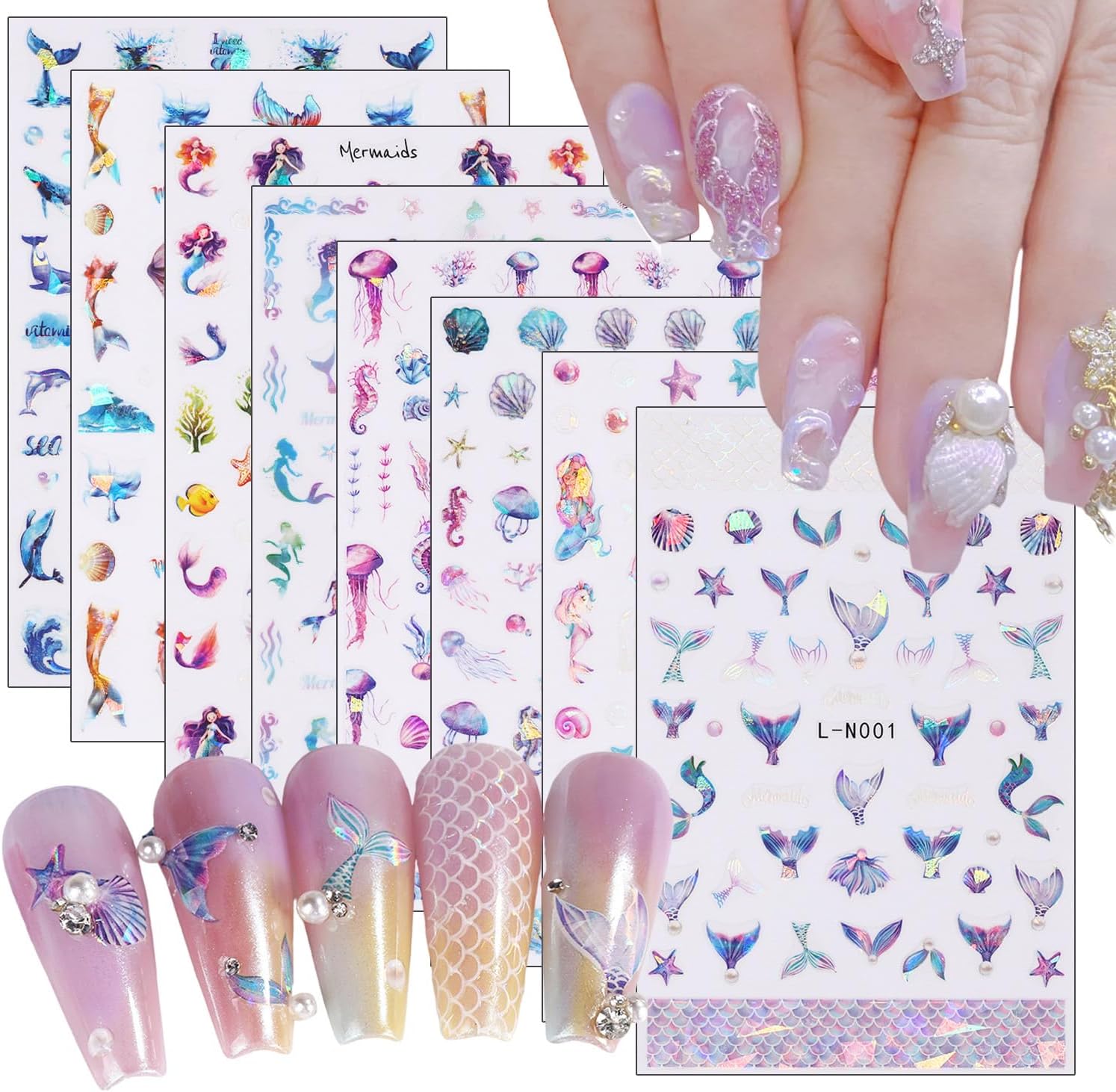 Amazon.com: 8 Sheets Marine Life Nail Art Stickers Mermaid Fish Tail ...