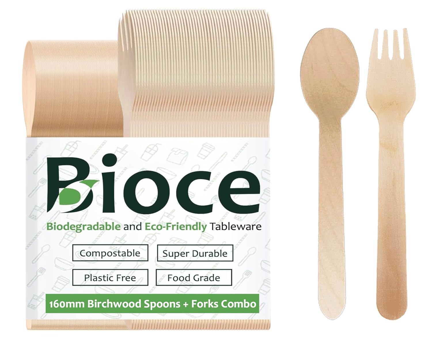 BIOCE Disposable Wooden Spoons & Forks Combo Pack | 25 Spoons + 25 ...