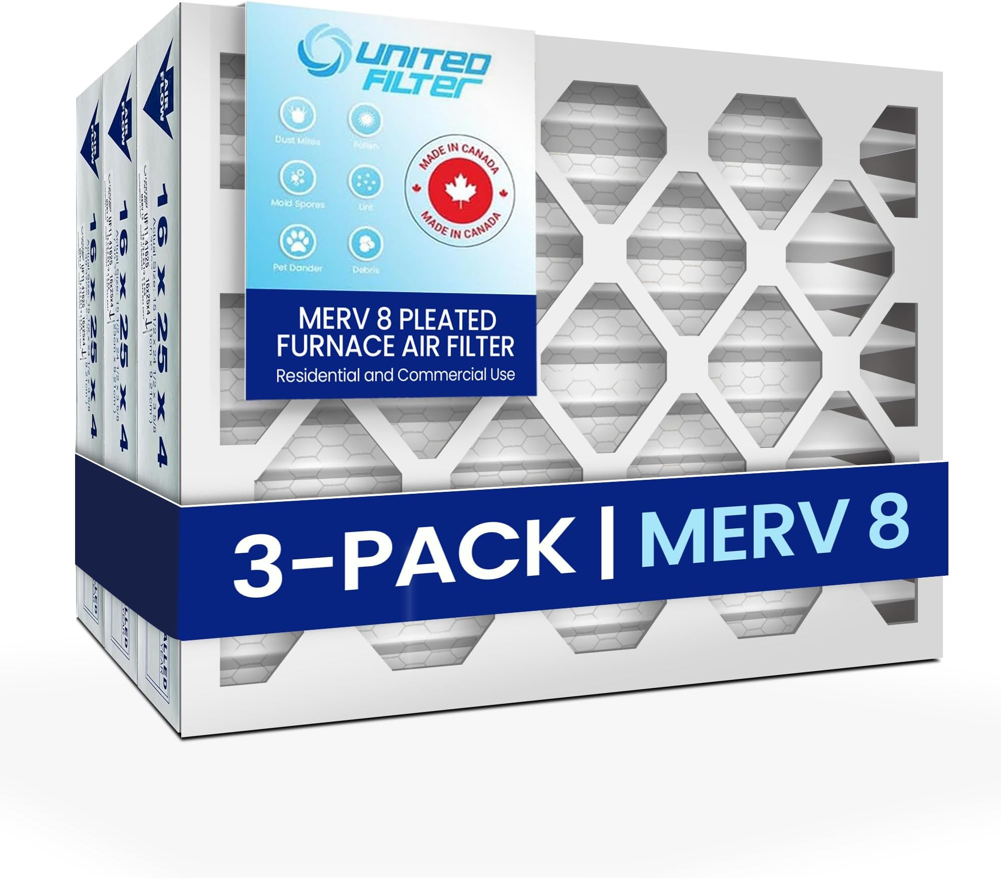 United Filter 16x25x4 MERV 8 Furnace Air Filters (3 Pack)- A/C, HVAC ...