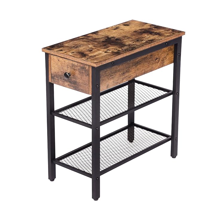 Buy HOOBRO Side Table, Industrial End Table with Drawer and 2 Open Mesh ...
