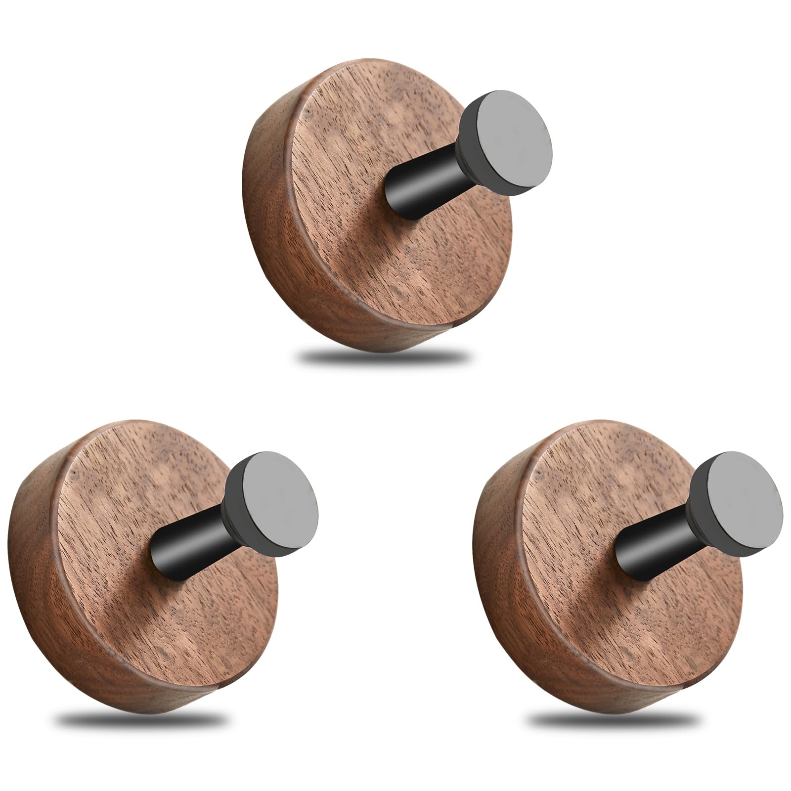 Sino Salected Walnut Round Coat Hooks Wall Mounted - 3 Pack Heavy Duty ...
