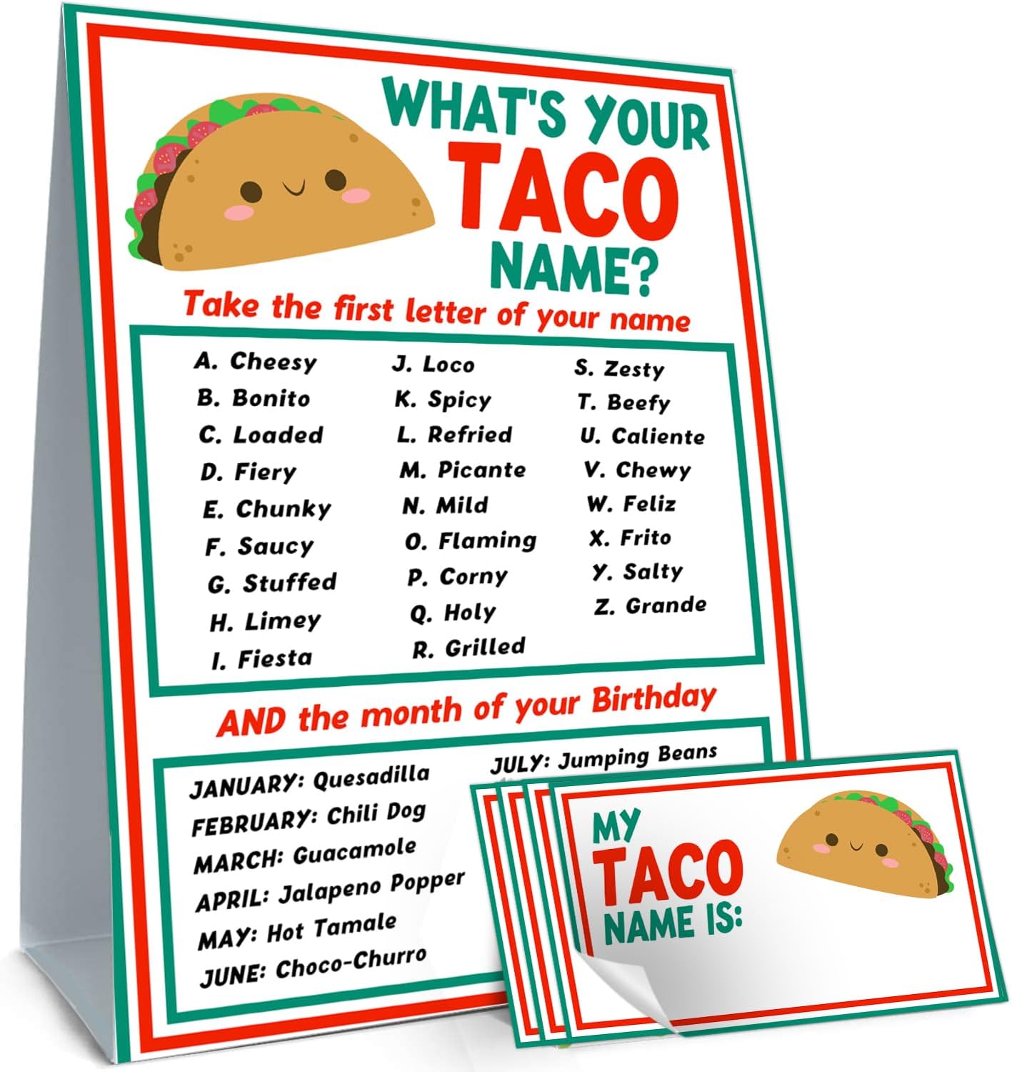 Amazon.com: What's Your Taco Name Game, 1 Taco Theme Sign and 50 Name ...