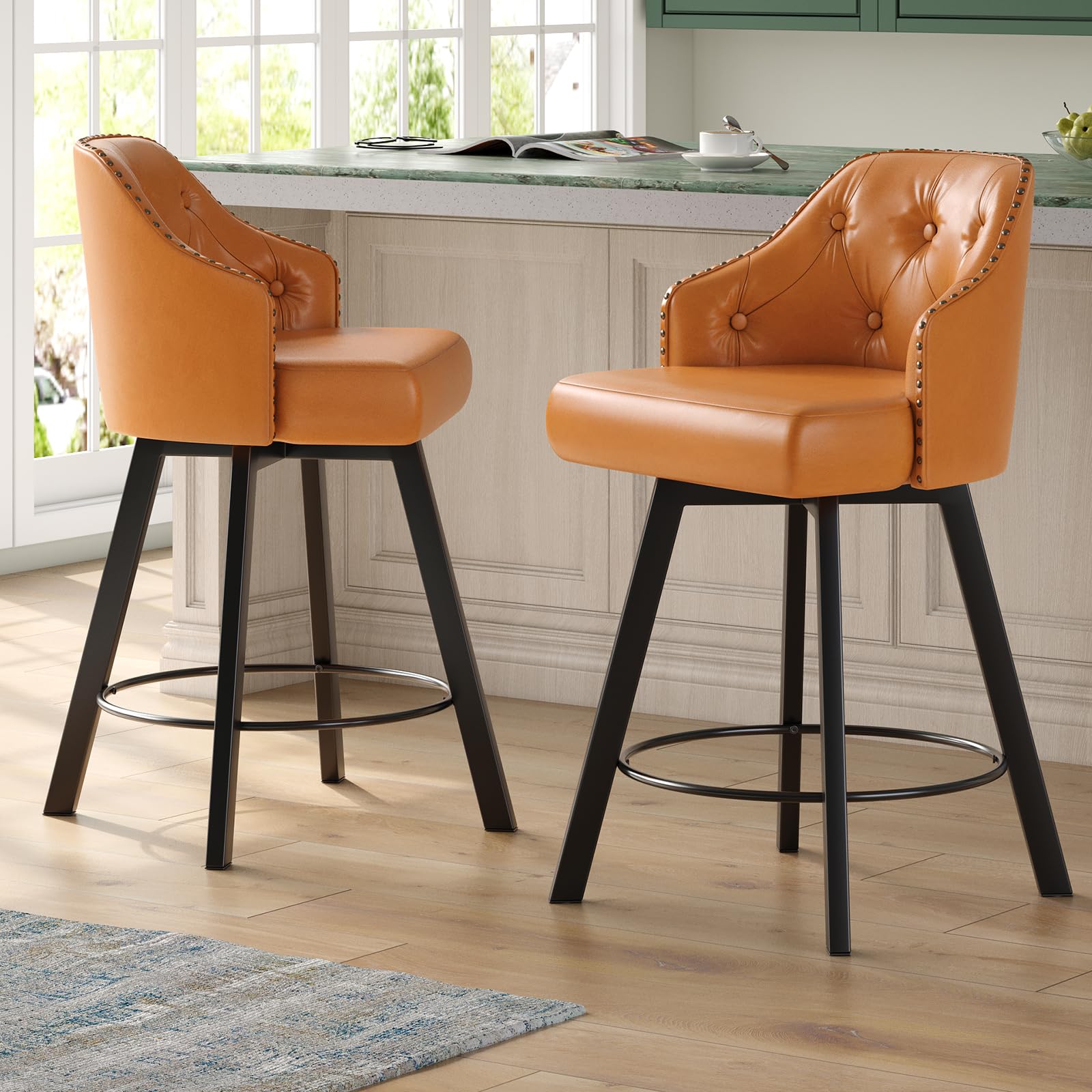 Amazon.com: Tatub 26" Swivel Leather Bar Stools Set of 2, Brown Counter ...