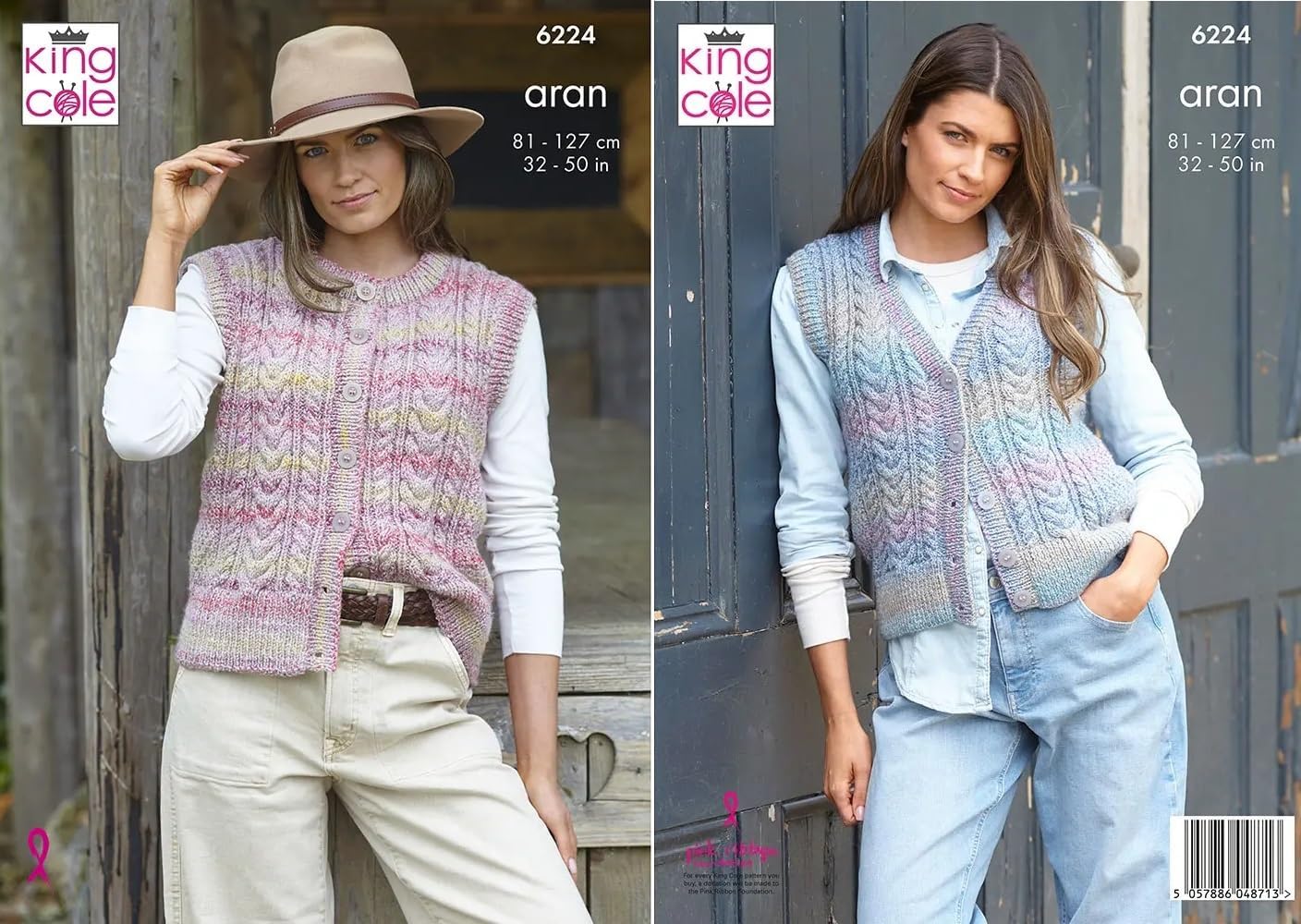 King Cole Aran Knitting Pattern - 6224 Ladies Round & V Neck Waistcoats ...