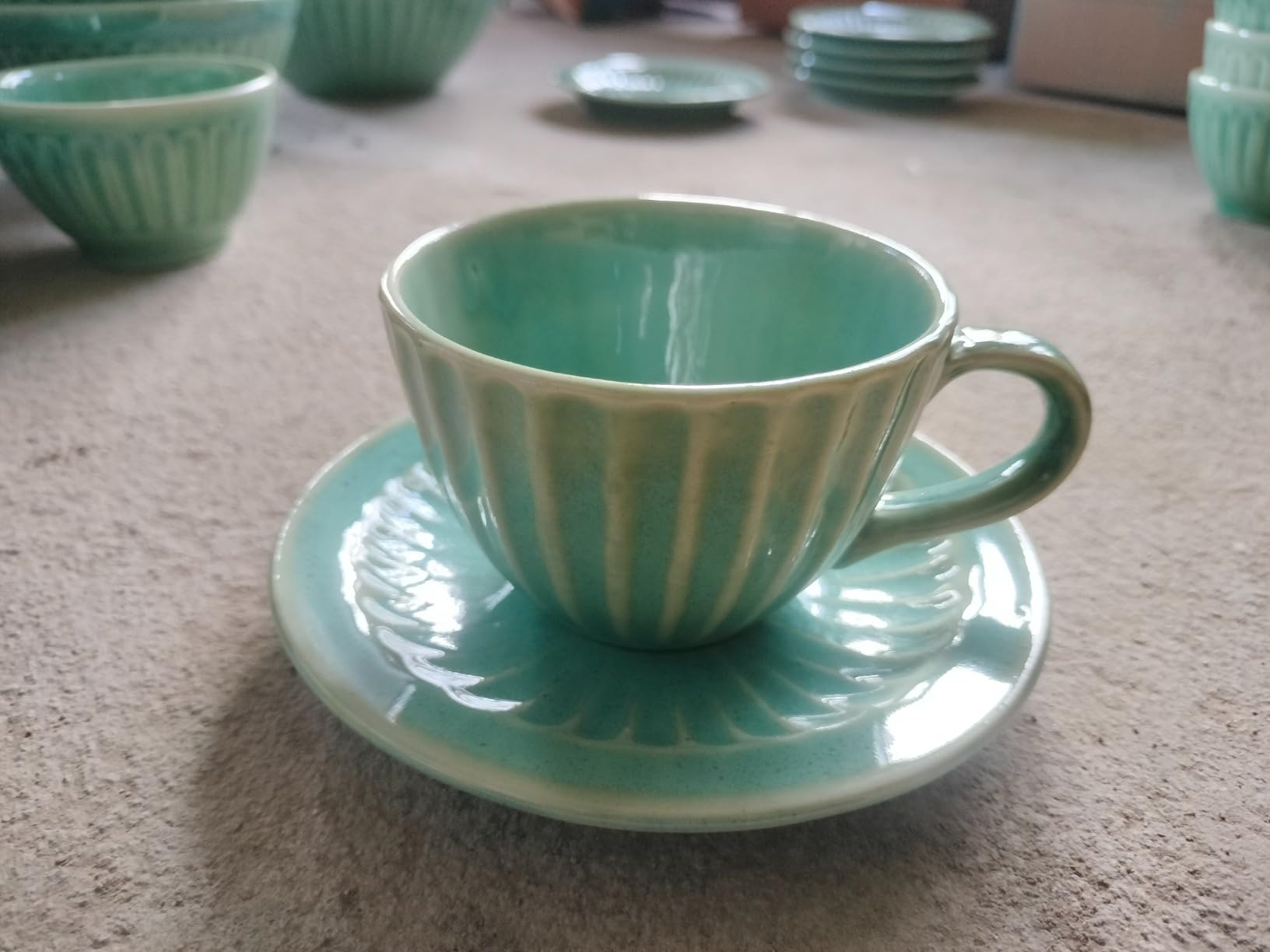 Shay Ceramic Cup and Saucer Set of 6, Turquoise, 200ml | 6 Cups and 6 ...