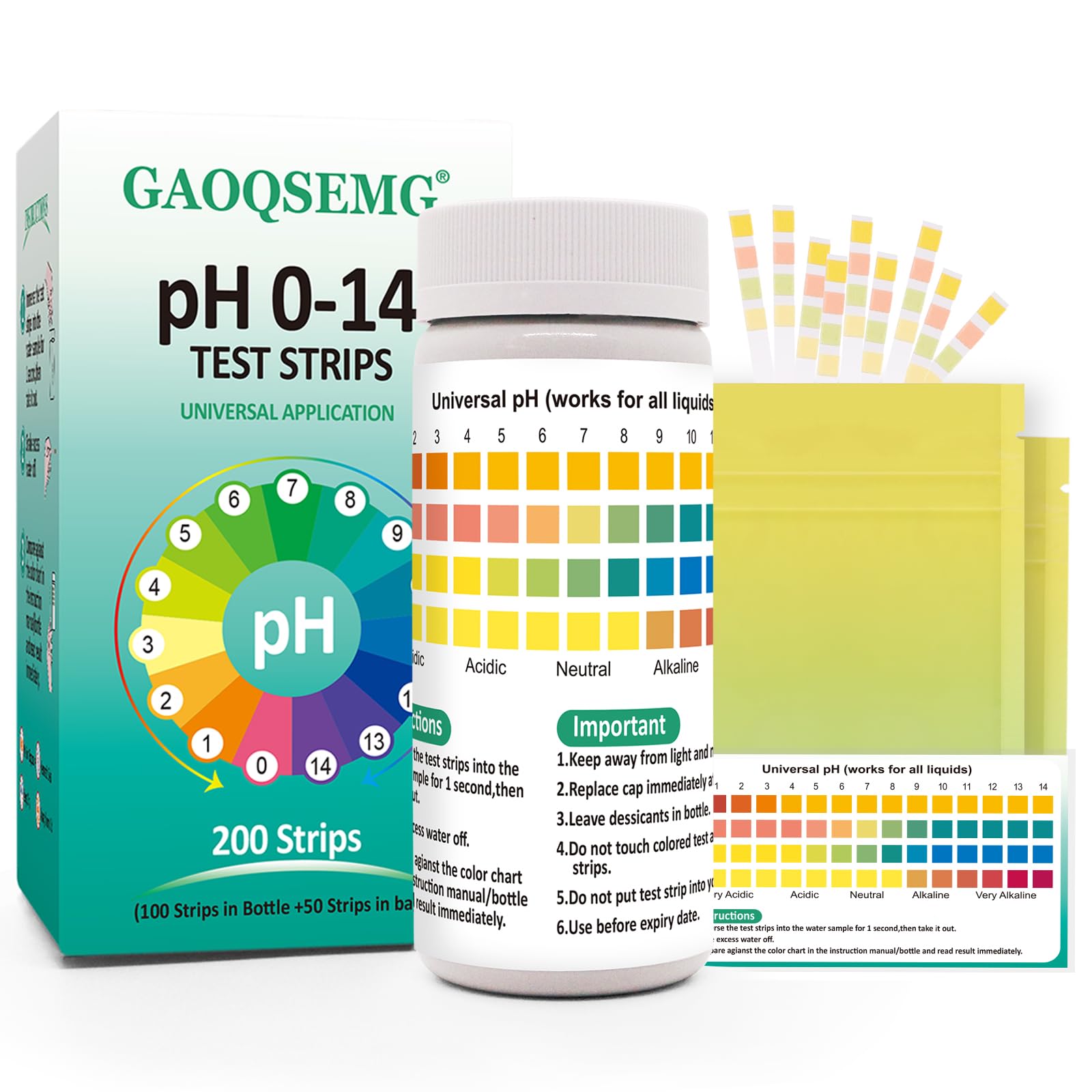 GAOQSEMG Universal pH Test Strips 0 to 14, 200 Strips pH Strips for ...