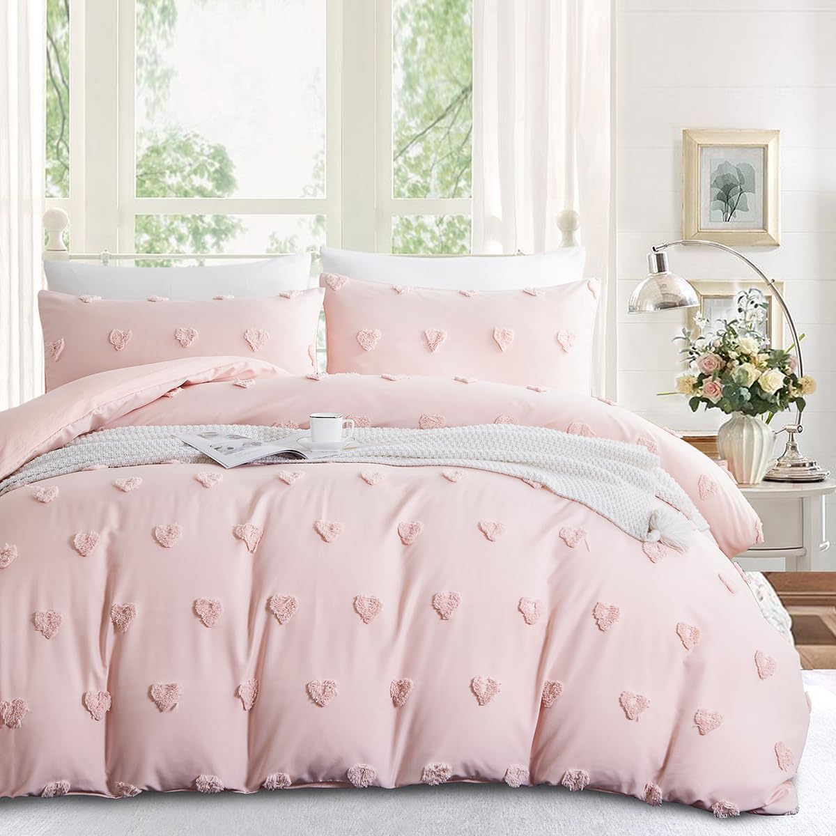 Amazon.com: Nayoroom Pink Heart Duvet Cover Queen Size Boho Tufted ...