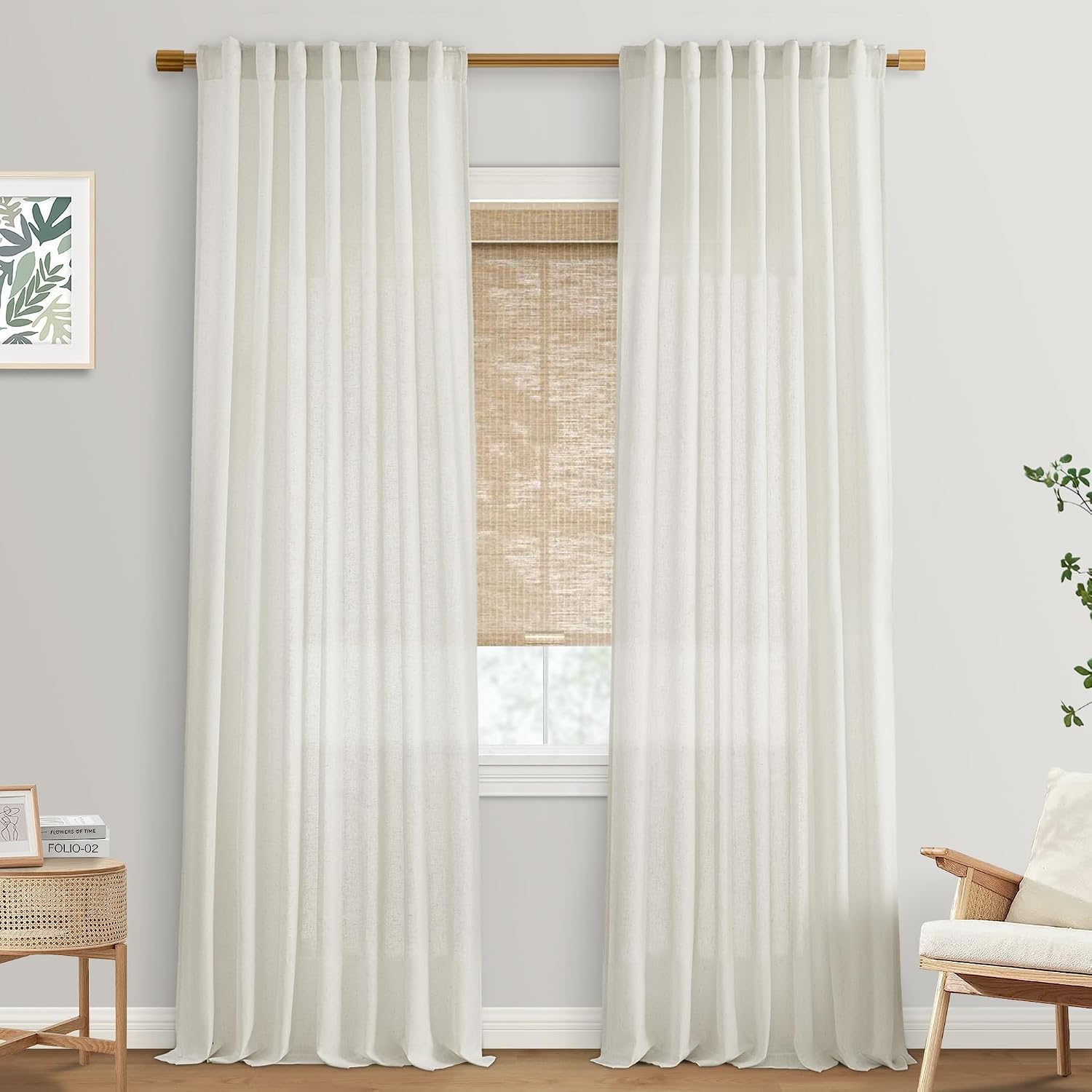 90 Inches Long Sheer Linen Curtains 2 Panels Set,Back Tab Semi Sheer ...