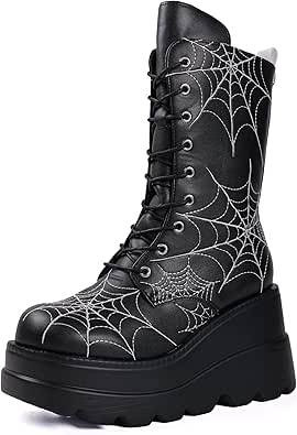 Amazon.com | Gothniero Women Black Platform Goth Boots Mid Calf with ...