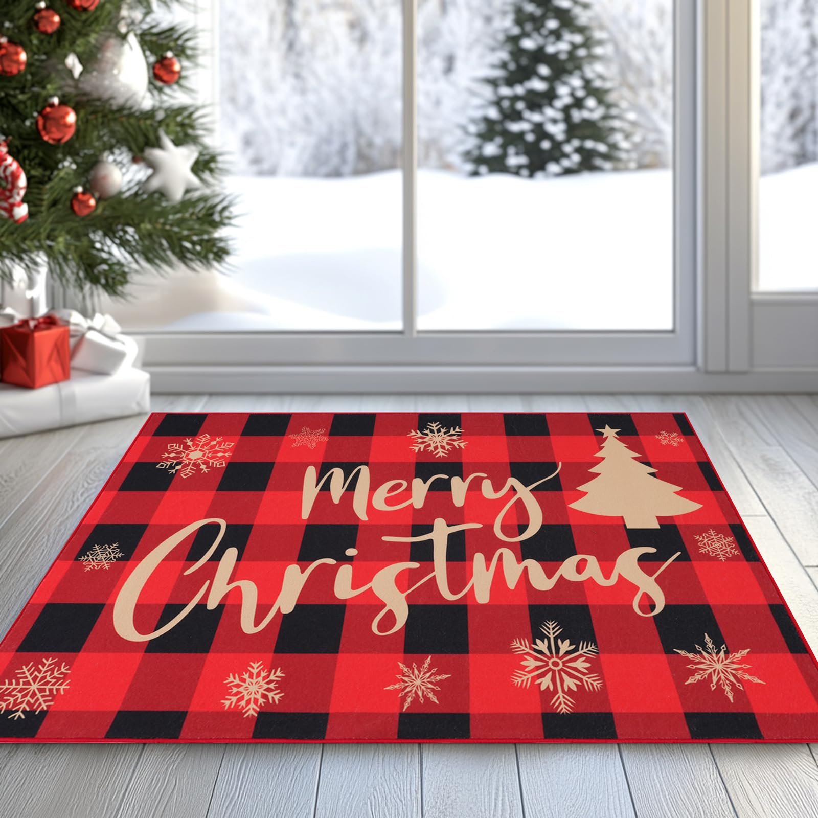 BRICHOEE Merry Christmas Door Mat Red Snowflakes Xmas Tree Non-Slip ...