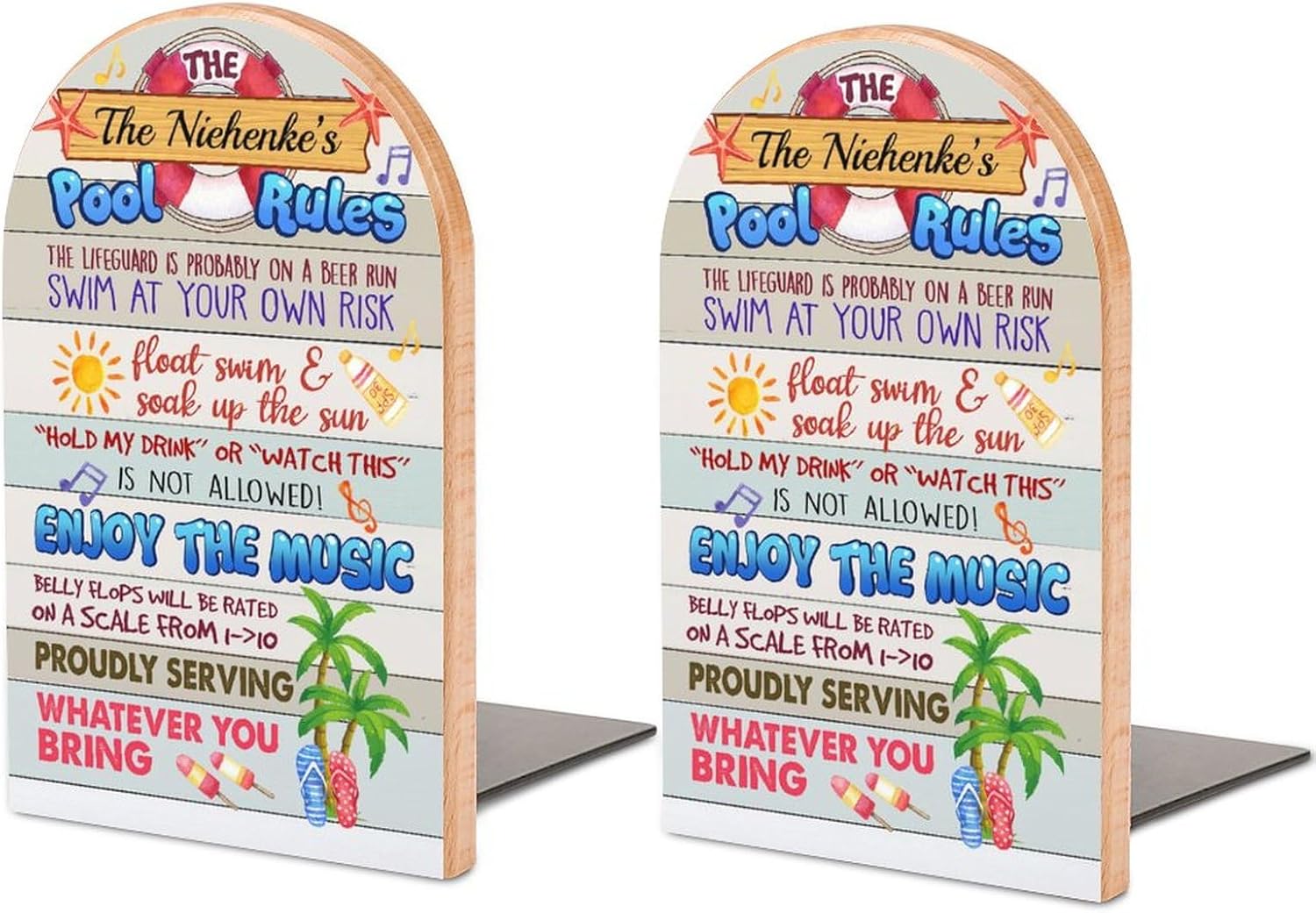 Amazon.com: 2 PCS Wood Bookends Set, Swim Pool Rules Enjoy The Music ...