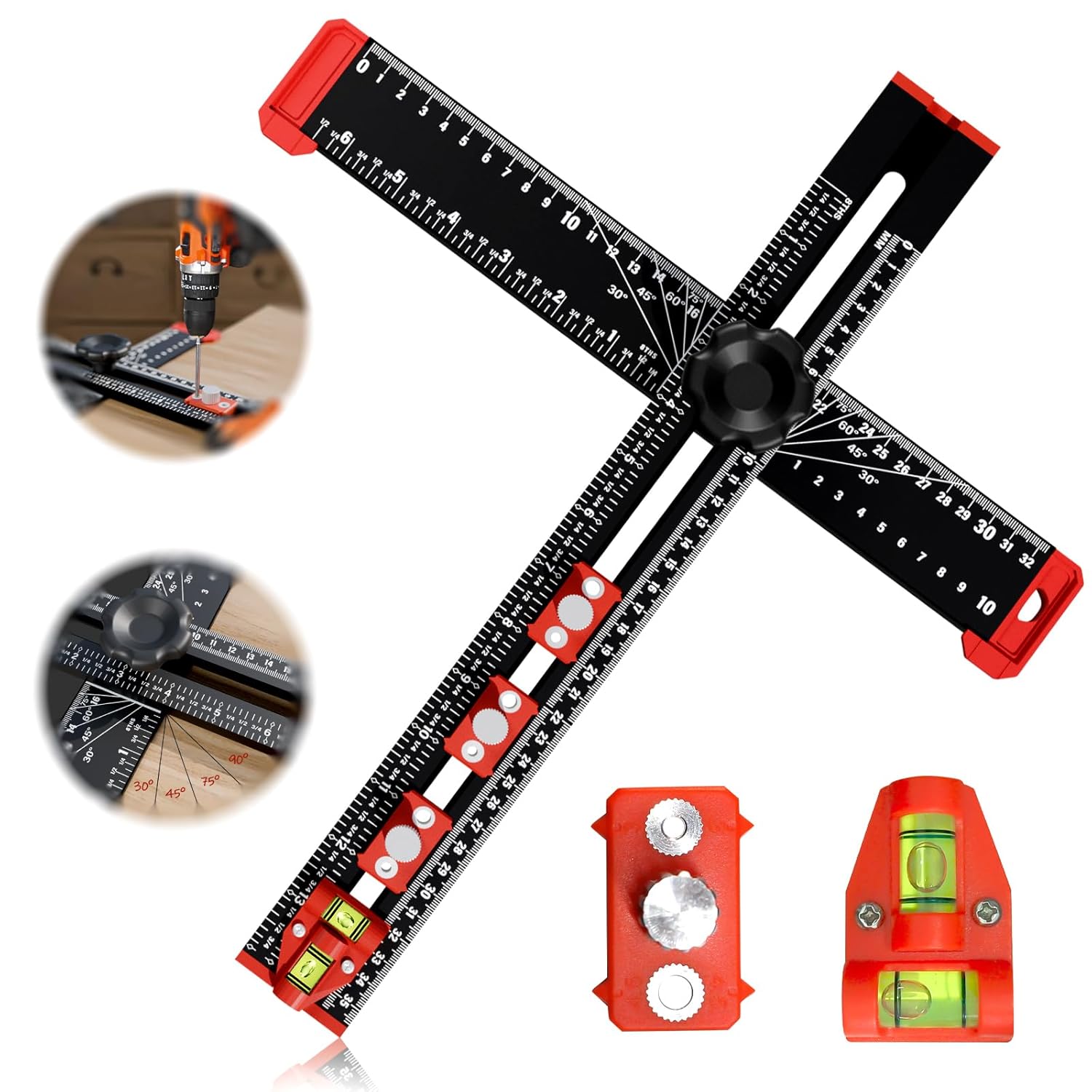 Rlvym Adjustable 4-in-1 Drilling Positioning Ruler, 35cm/13.78in T ...