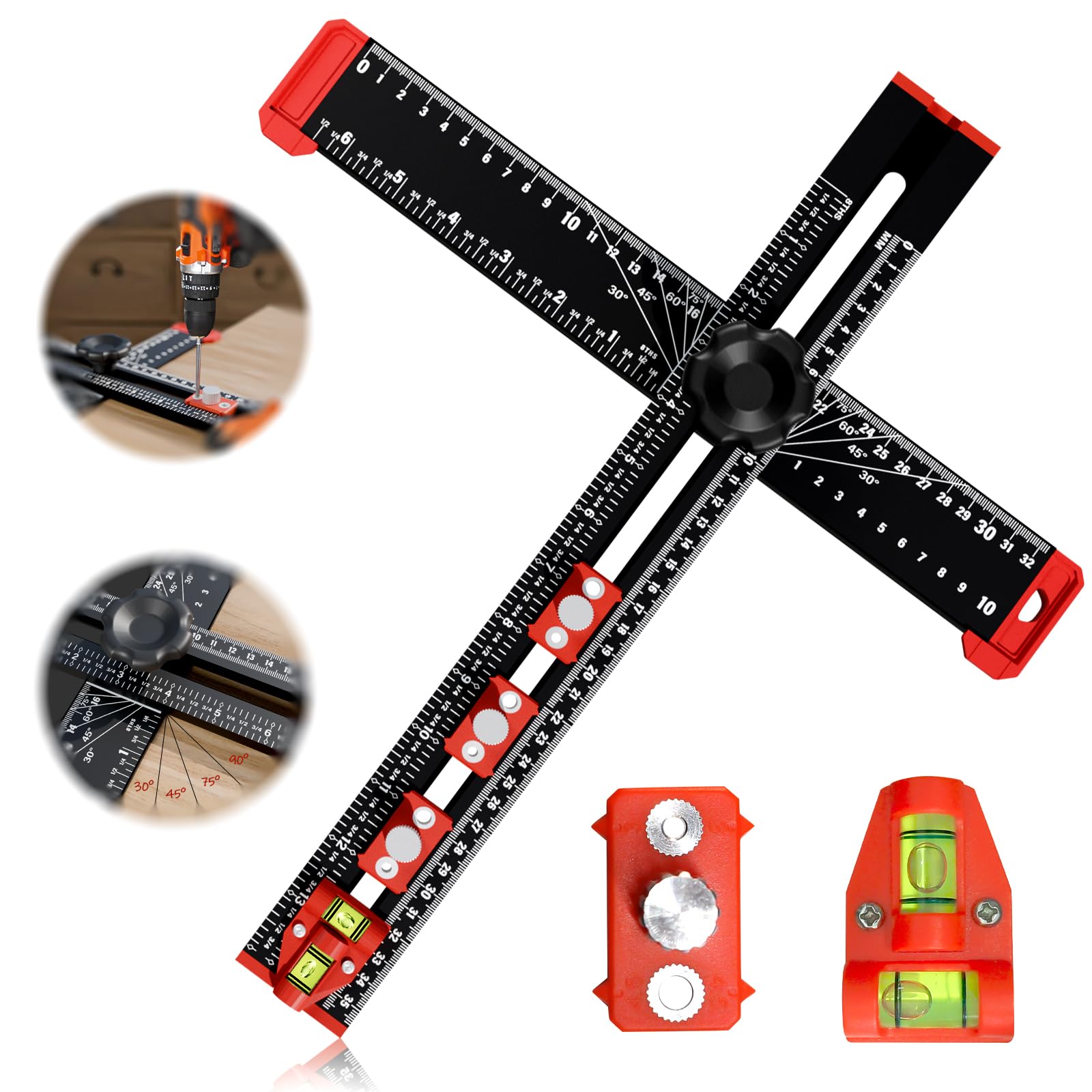 Adjustable 4-in-1 Drilling Positioning Woodworking Ruler, 35cm/13.78in ...