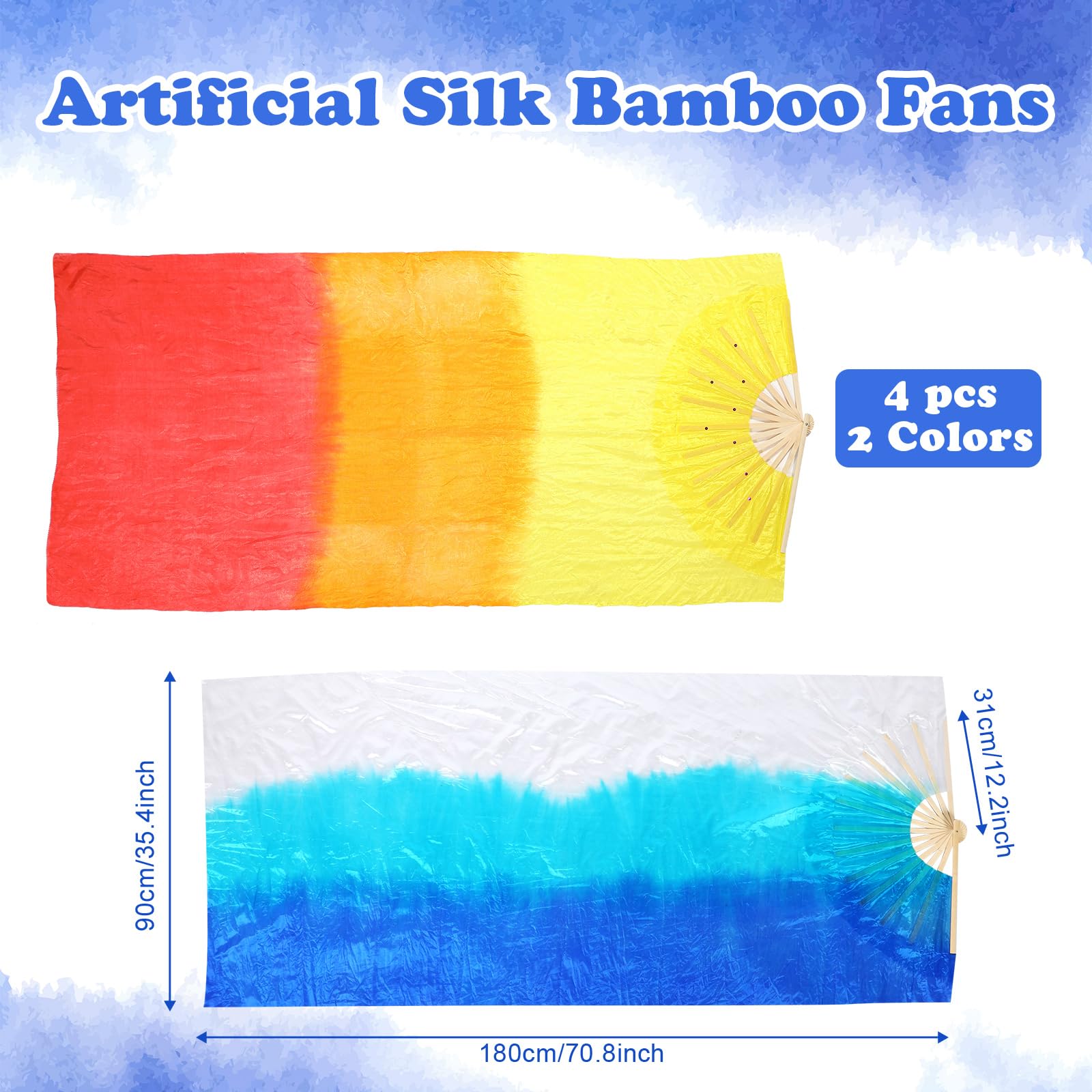 Qunclay 2 Pair Artificial Silk Bamboo Fans Veils Long Belly Dance Silk ...
