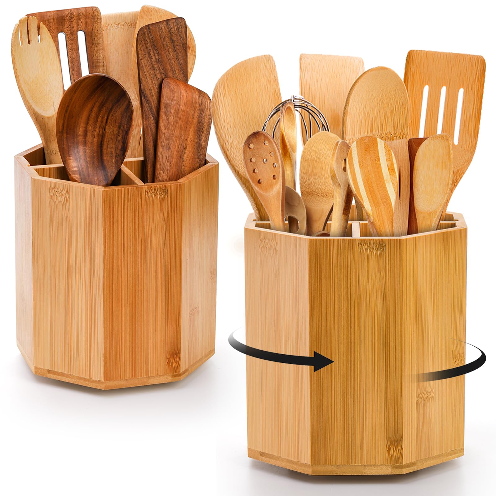 Amazon.com: Mezchi 2 Pack Bamboo Wooden Utensil Holder for Kitchen ...
