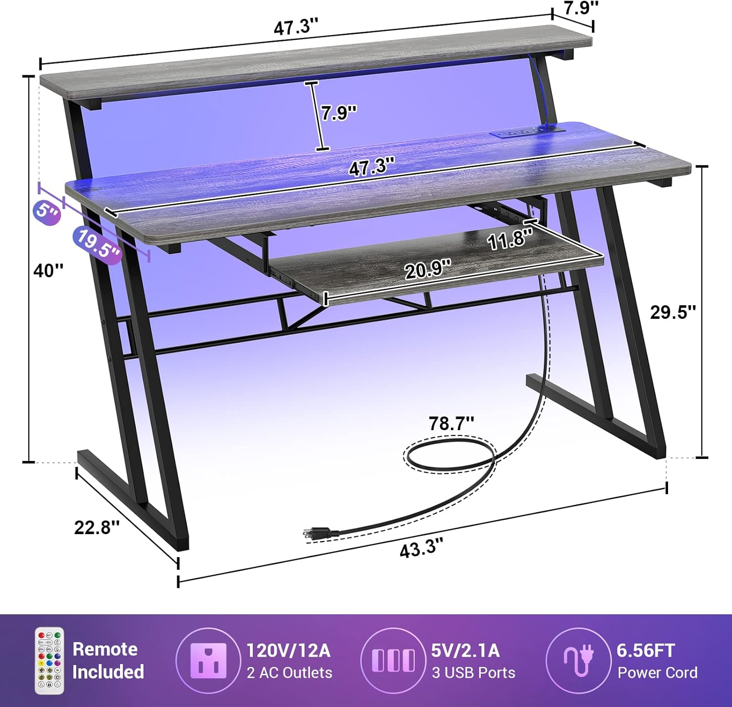 armocity Music Studio Desk with Power Outlets and RGB LED Lights, Music ...