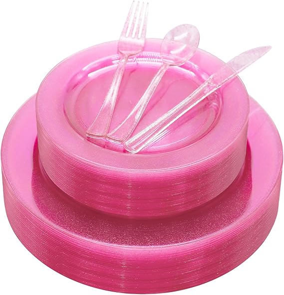 Amazon.com: 125 PCS Hot Pink Plastic Plates with Pink Plastic ...