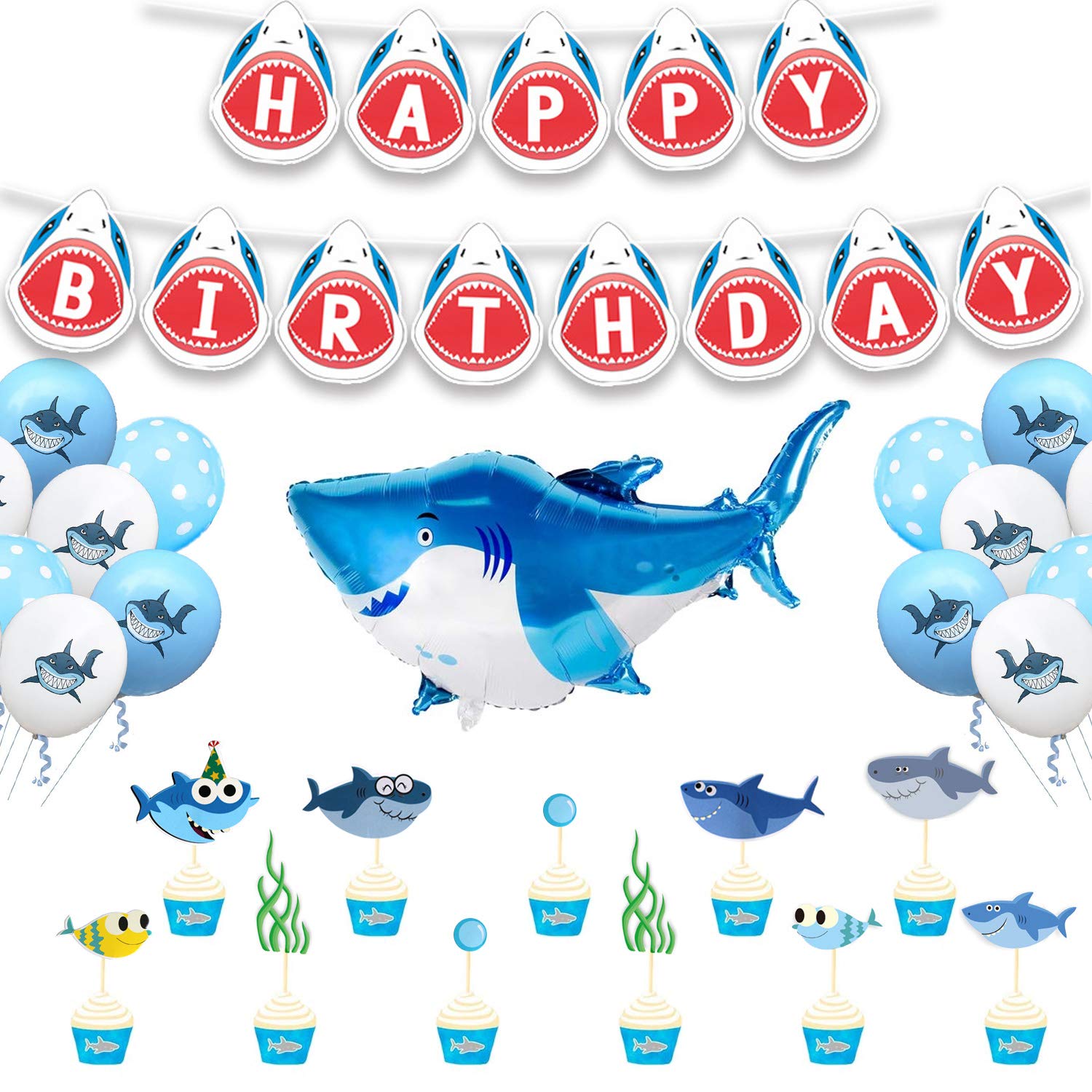 Buy Shark Birthday Decorations - Shark balloons, Happy Birthday Shark ...