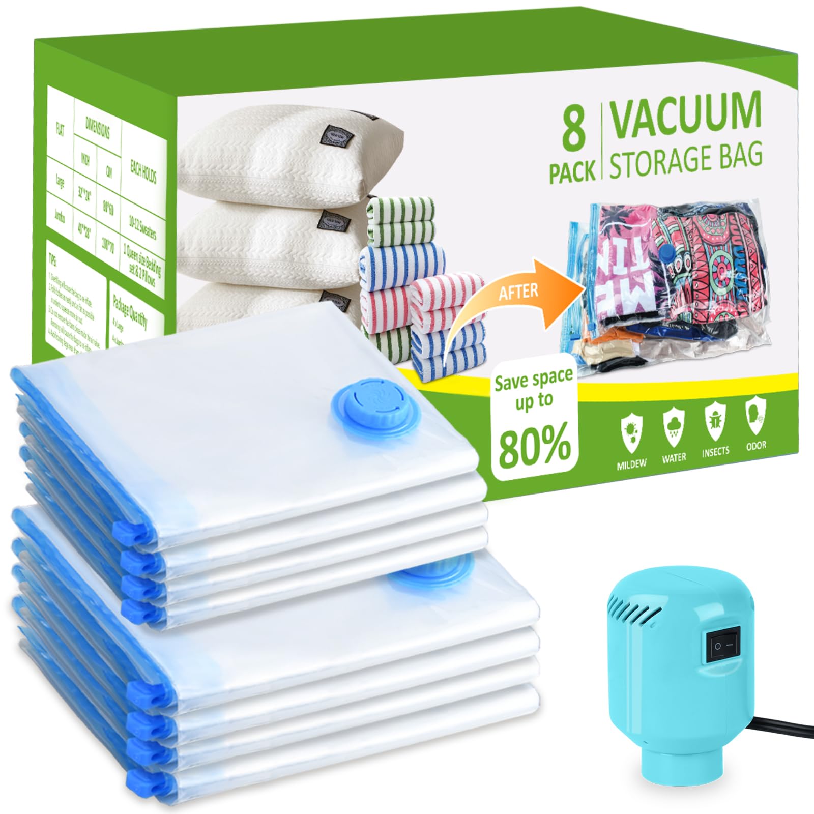 Amazon.com: Vacuum Storage Bags with Electric Pump Set 8-Pack Large ...