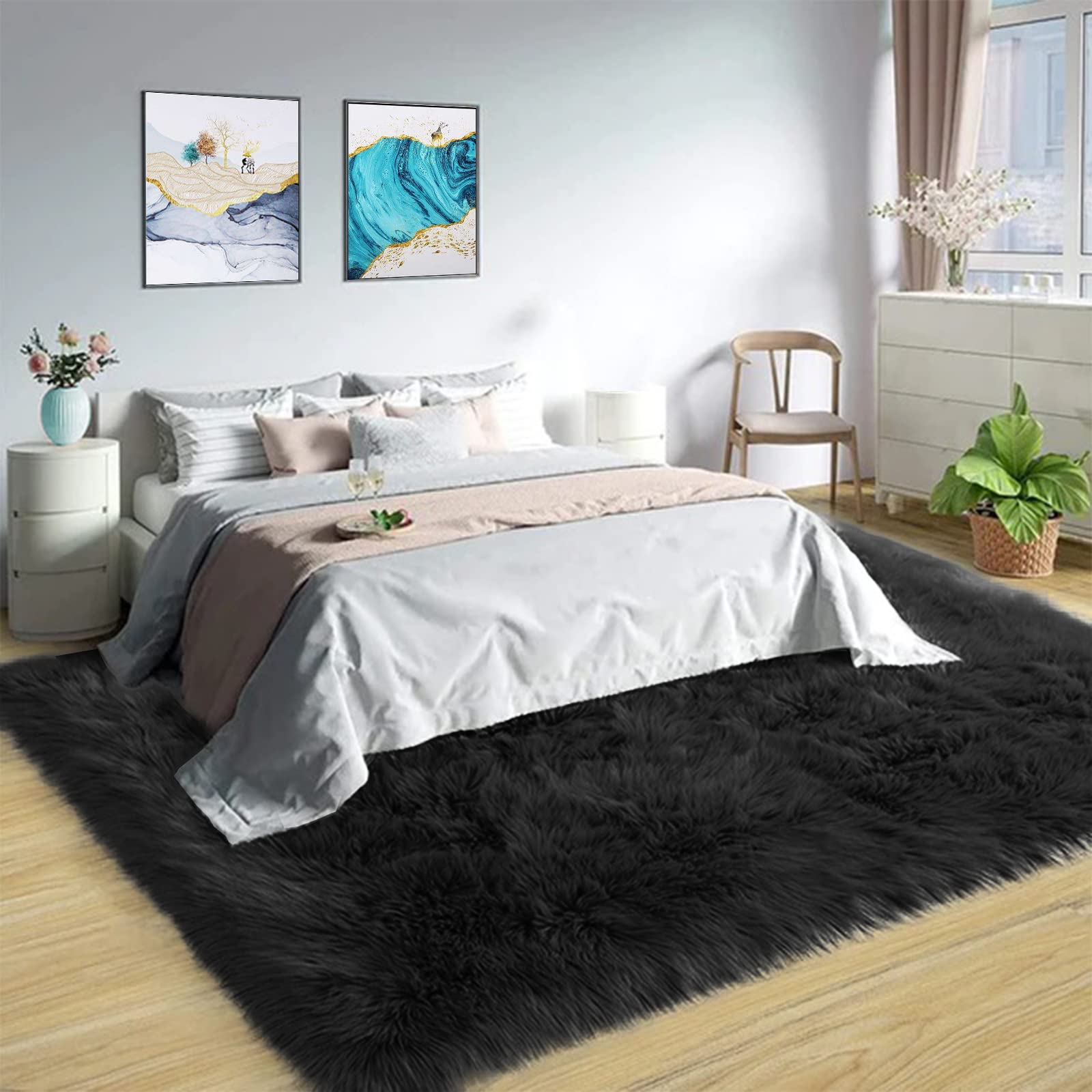 Latepis Large Black Rug Big Rugs for Bedroom 6.7x10 Area Rug Faux ...