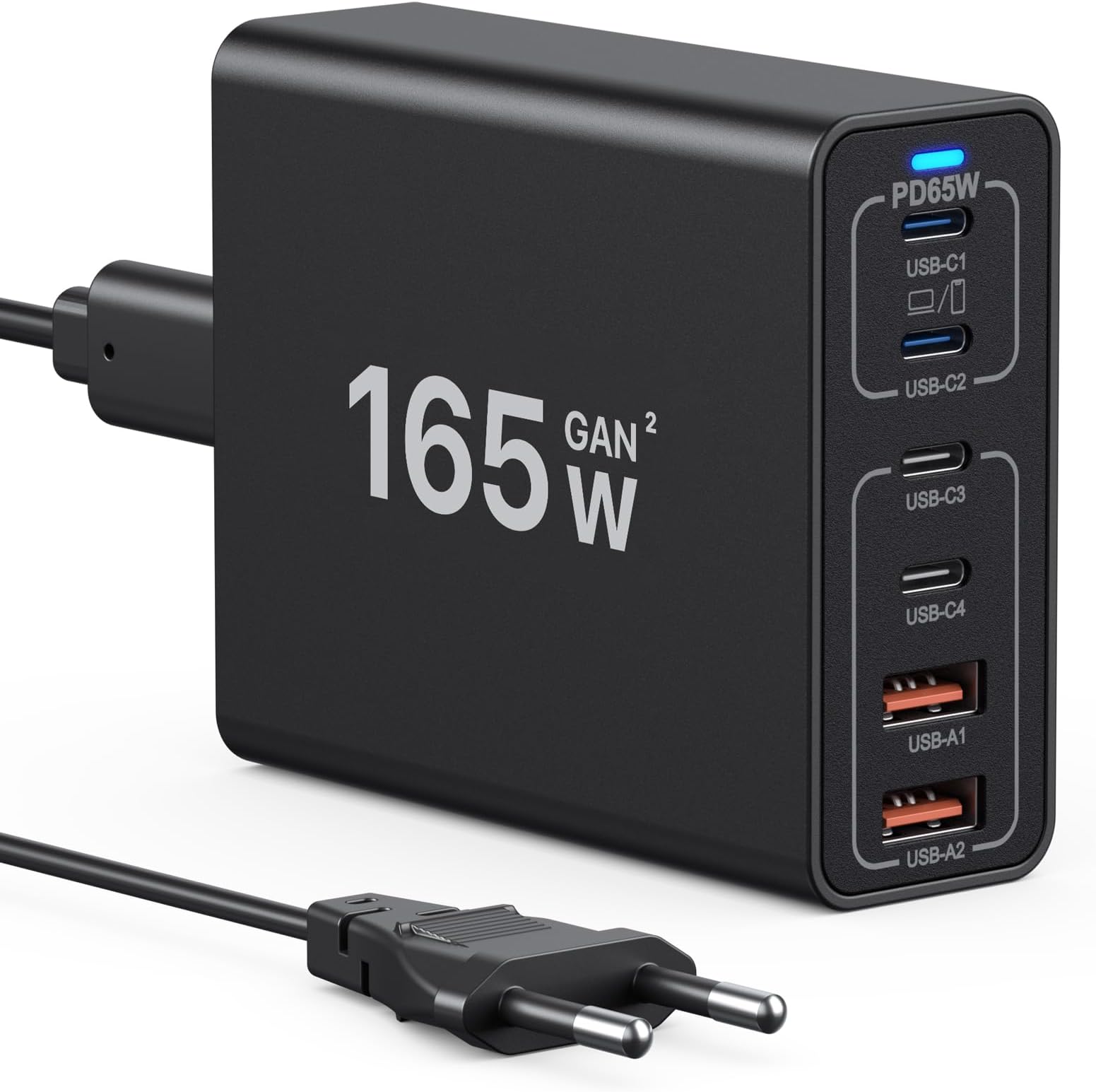 Chargeur USB C GaN 165W, Chargeur de Bureau USB C GaN 6 Ports Adaptateur de Chargeur Mural de ...