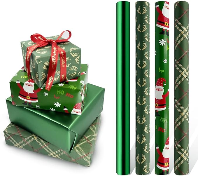 Green Gift Wrapping Paper Rolls, 4 Rolls 43cm*3 Meter Christmas ...