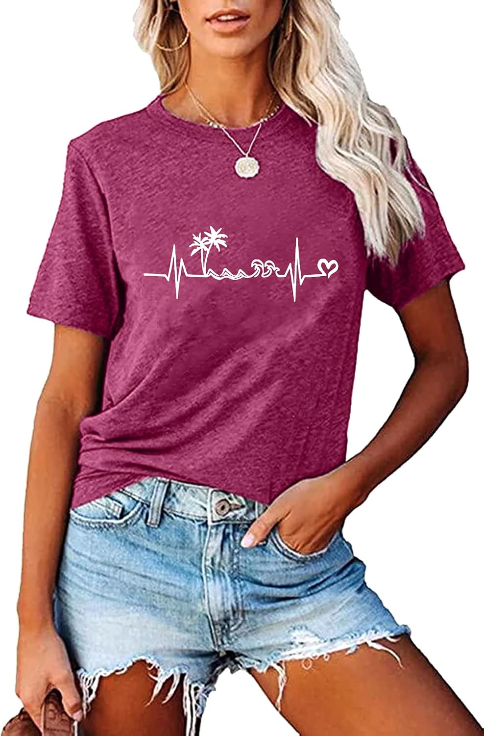 Beach Heartbeat T Shirt for Women Wave Coconut Tree Love Graphic Printe ...