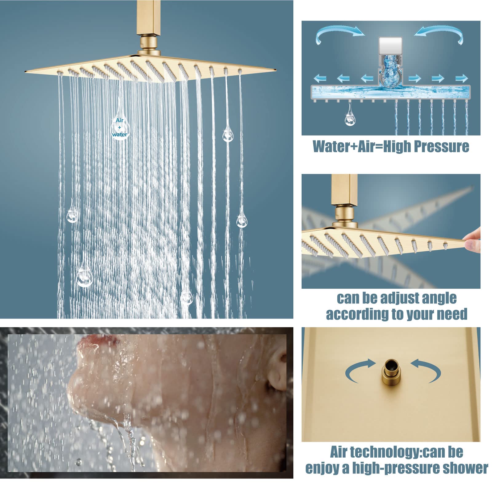 Aolemi 12 Inch Brushed Gold Ceiling Mount Shower System Rainfall Shower Head Bathroom Shower ...