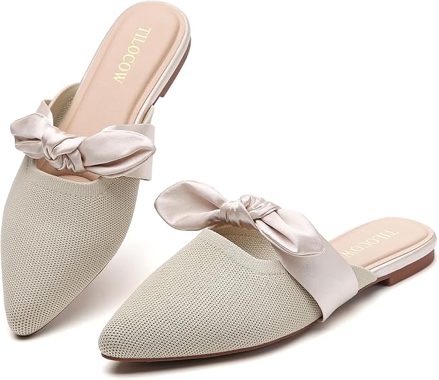 Amazon.com | Tilocow Knit Mules for Woman Pointed Toe Flats Bow Mules ...