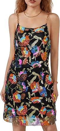 Amazon.com: Women Sequin Mini Dress Floral Chain Strap Backless Short ...