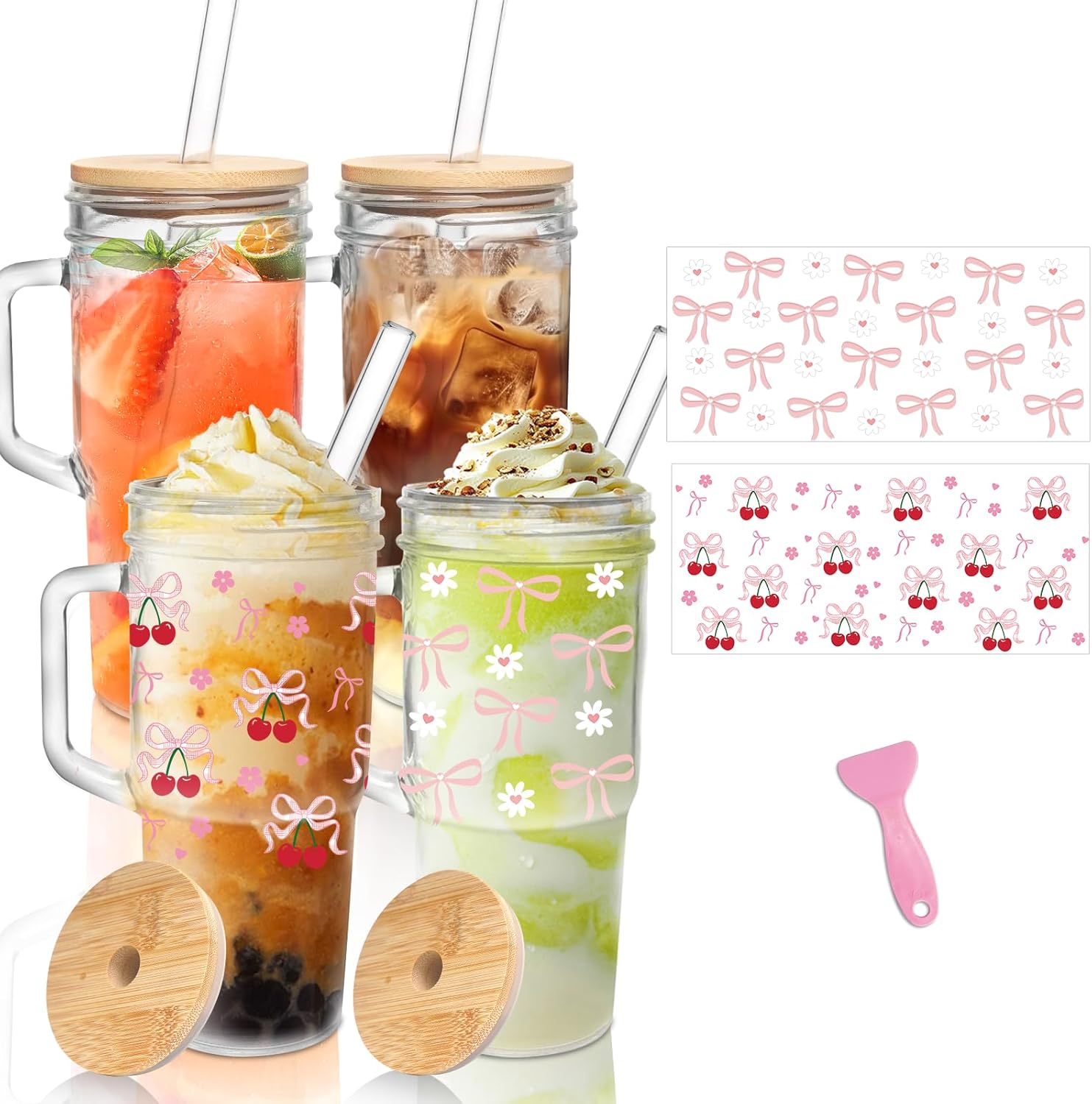 Amazon.com: ONEHAUS Glass Cups with Lids and Straws 4 Packs - 24oz ...