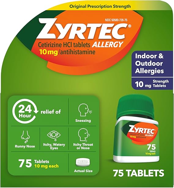 Amazon.com: Zyrtec 24 Hour Allergy Medicine Tablets, Indoor & Outdoor ...