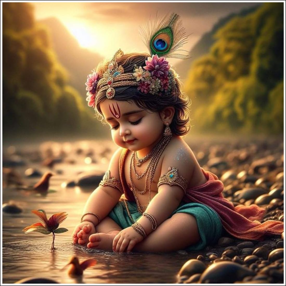 V2H Decore Baby Krishna Play With Lotus God Wall Poster For Pooja Room ...