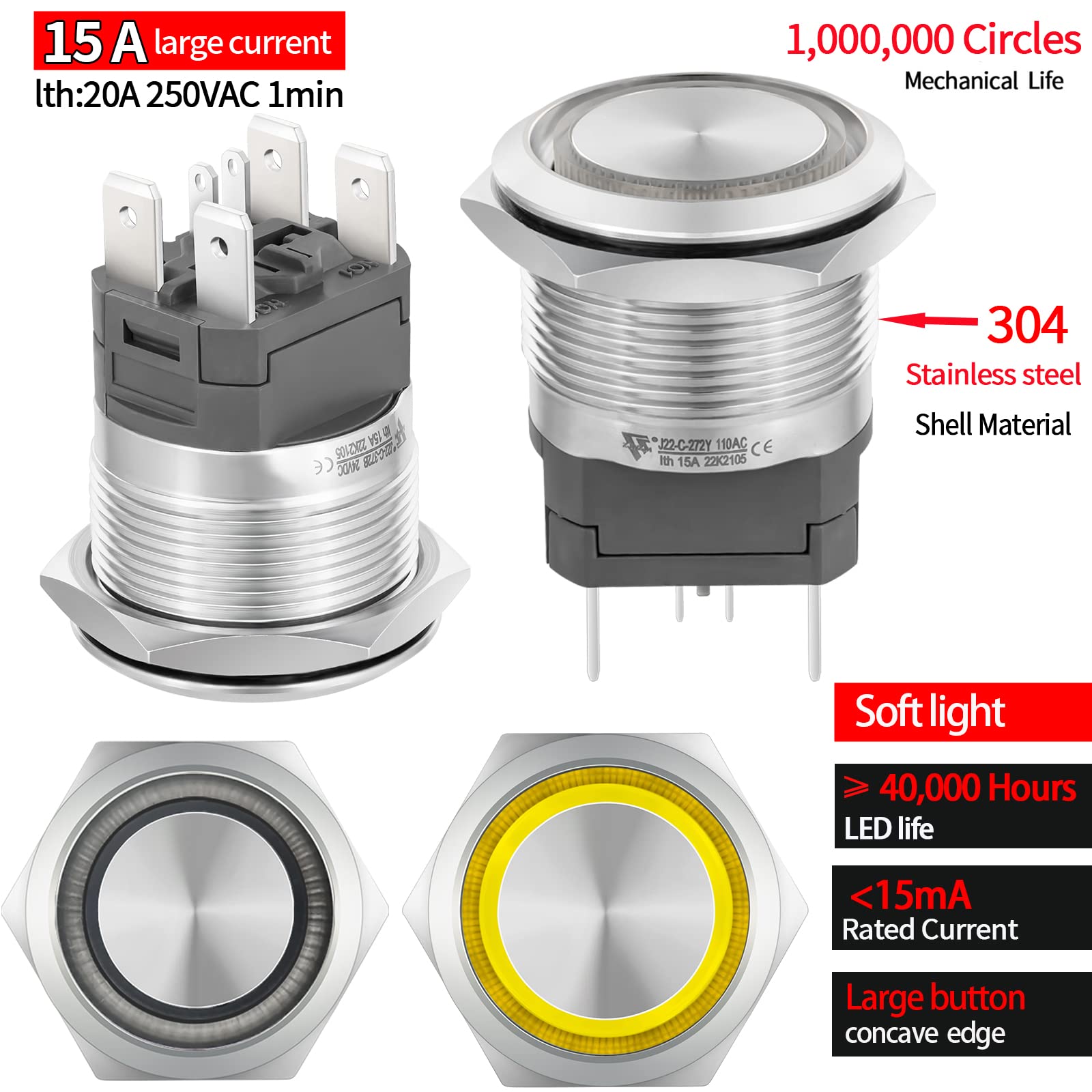 Snapklik.com : UL Listed 20Amp Yellow Momentary Push Button Switch IP67 ...