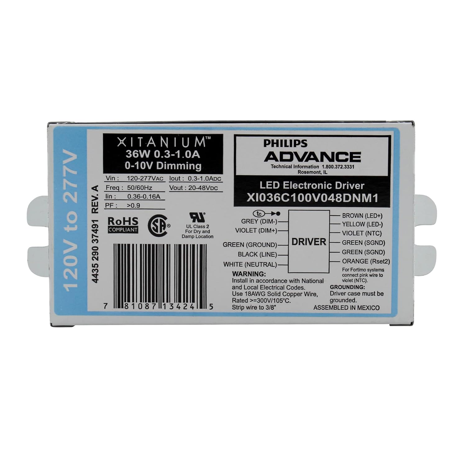 Advance XI036C100V048DNM1 Xitanium 0-10V Dimming LED Driver, 36W, 20 ...