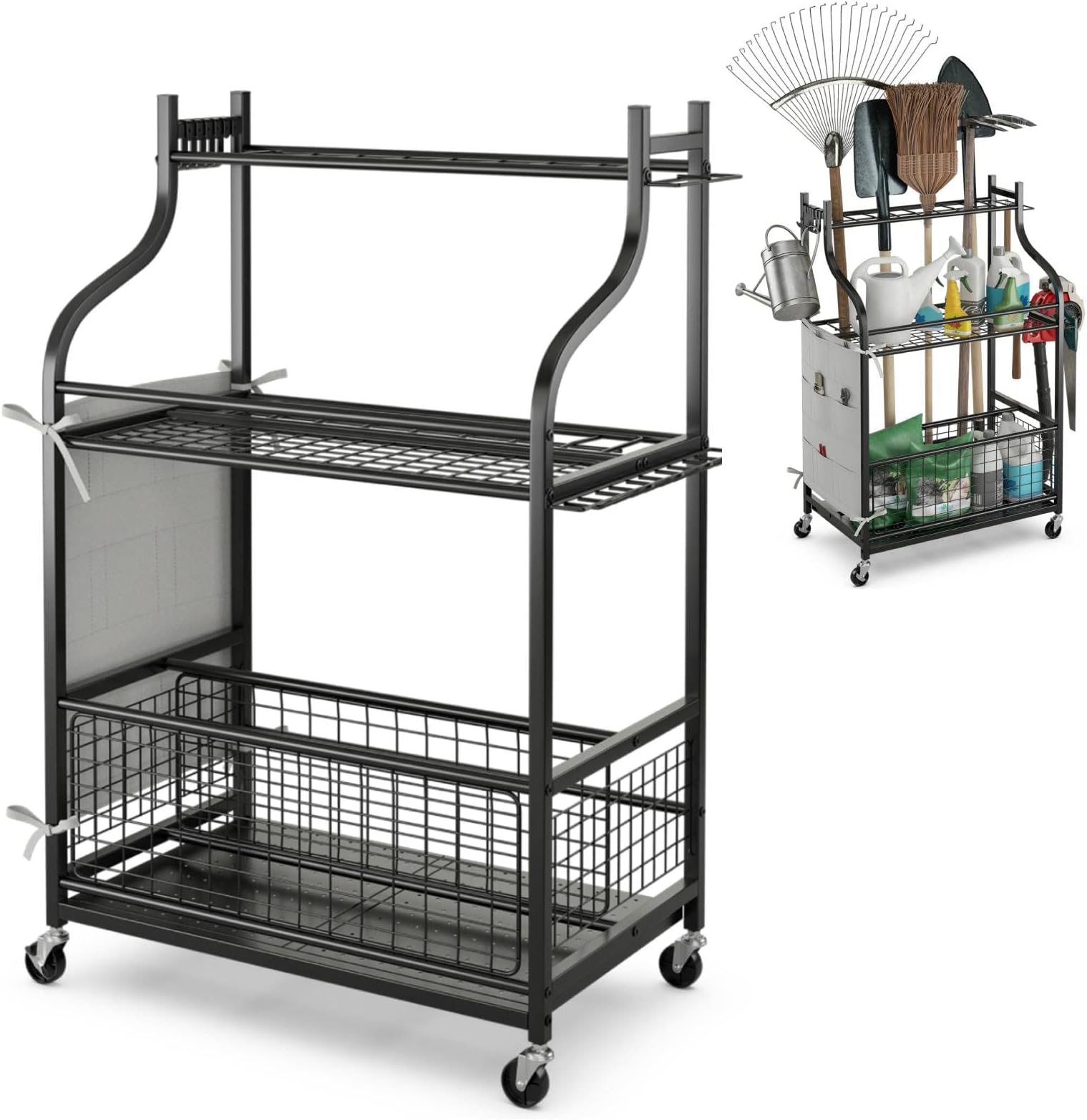 COSTWAY Mobile Garden Tool Tower, 3 Tier Garage Storage Rack Cart with ...