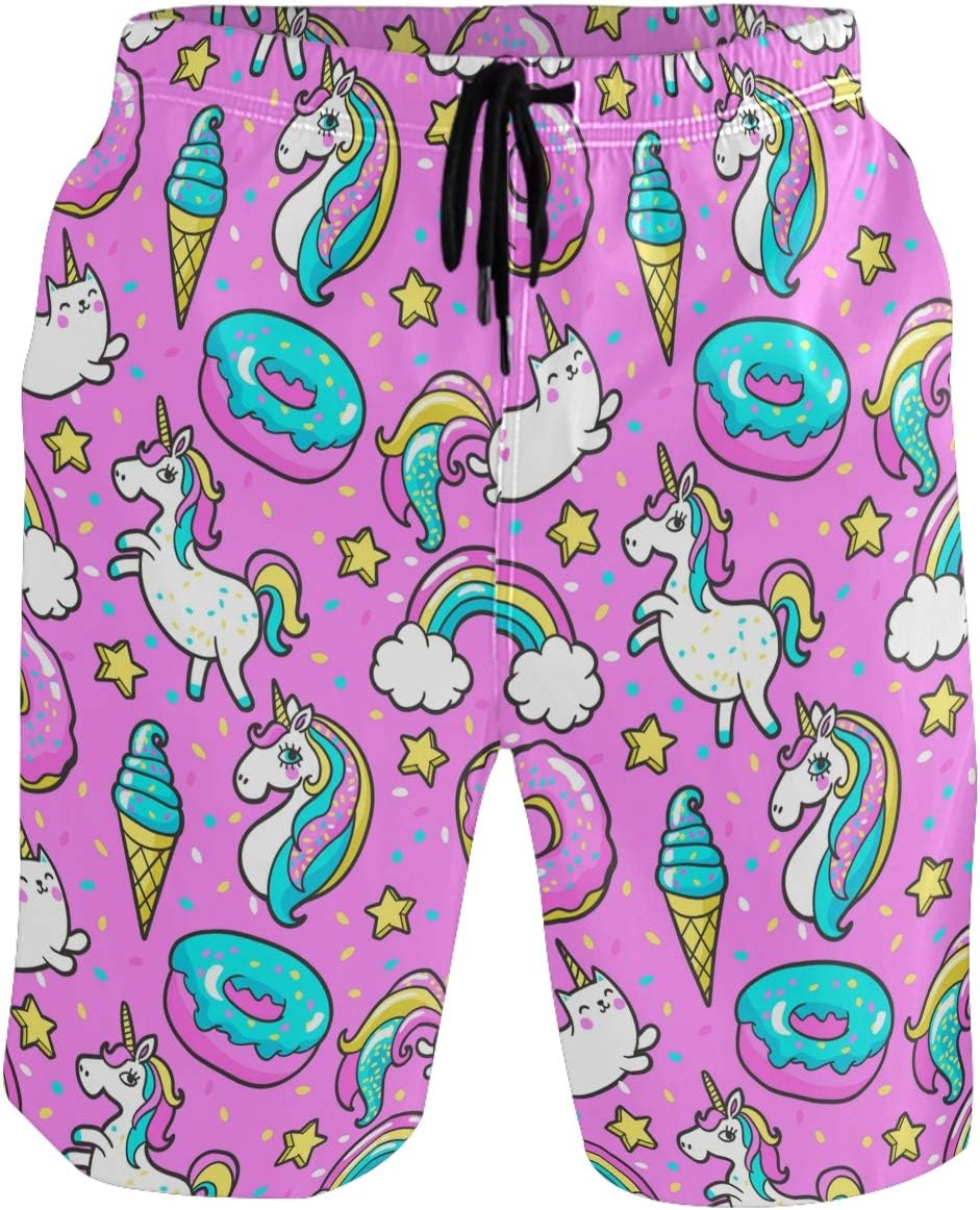 Amazon.com: visesunny Unicorn Ice Cream Donut Print Men's Beach Shorts ...