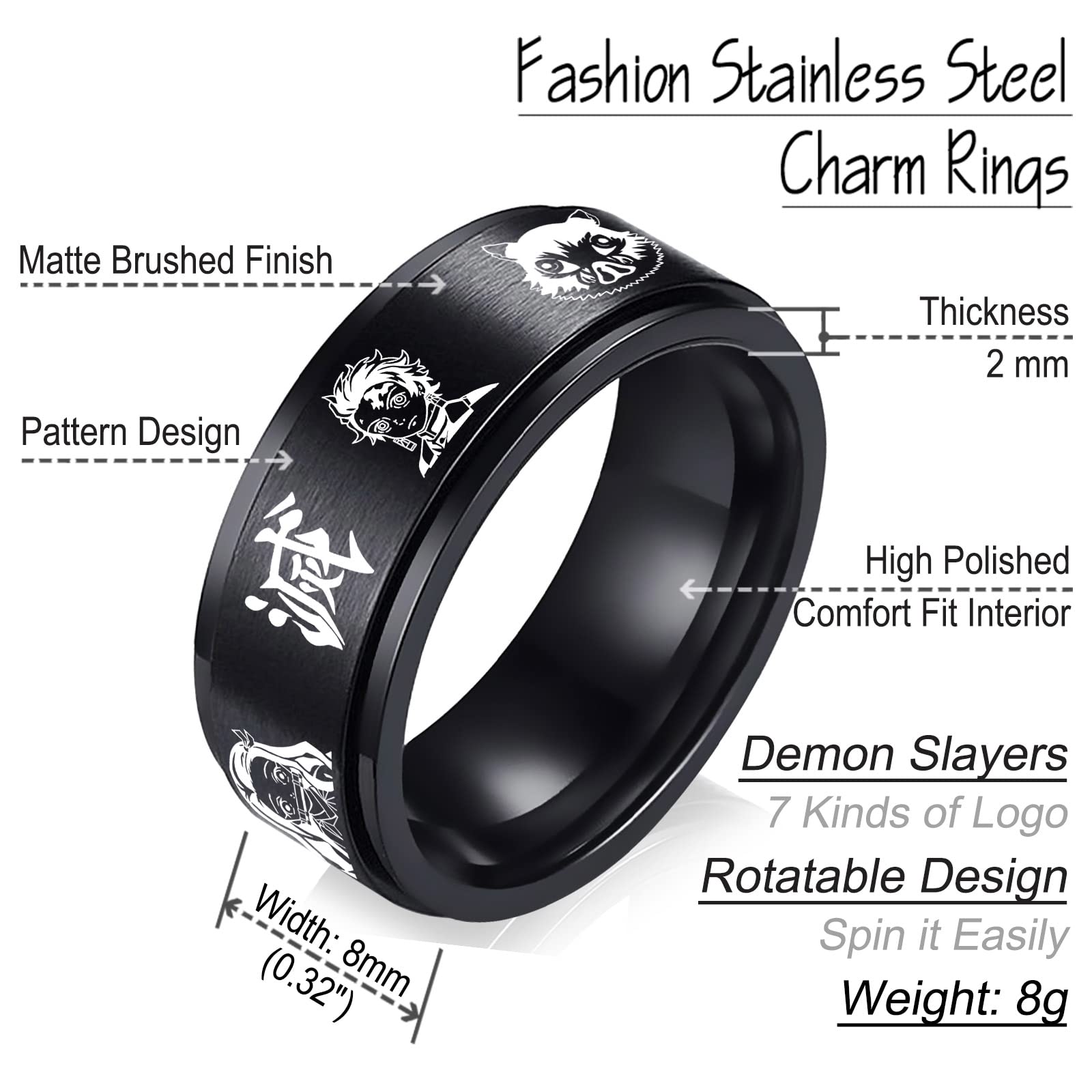 Buy Black Stainless Steel Demon Slayer Spinner Ring Anime Rings for Men ...