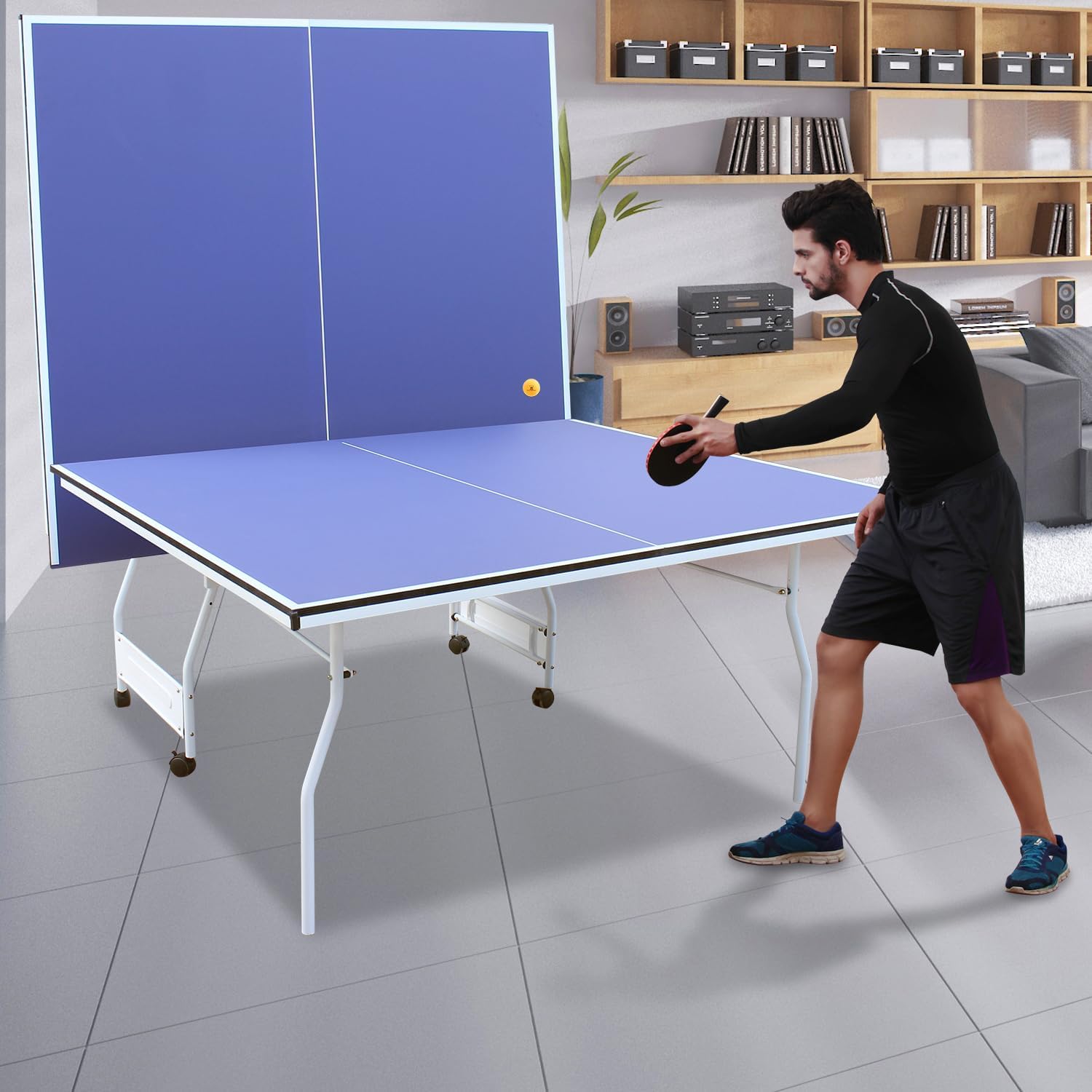 Amazon.com : Rakon Blue Folding Rolling Table Tennis Table Indoor and ...