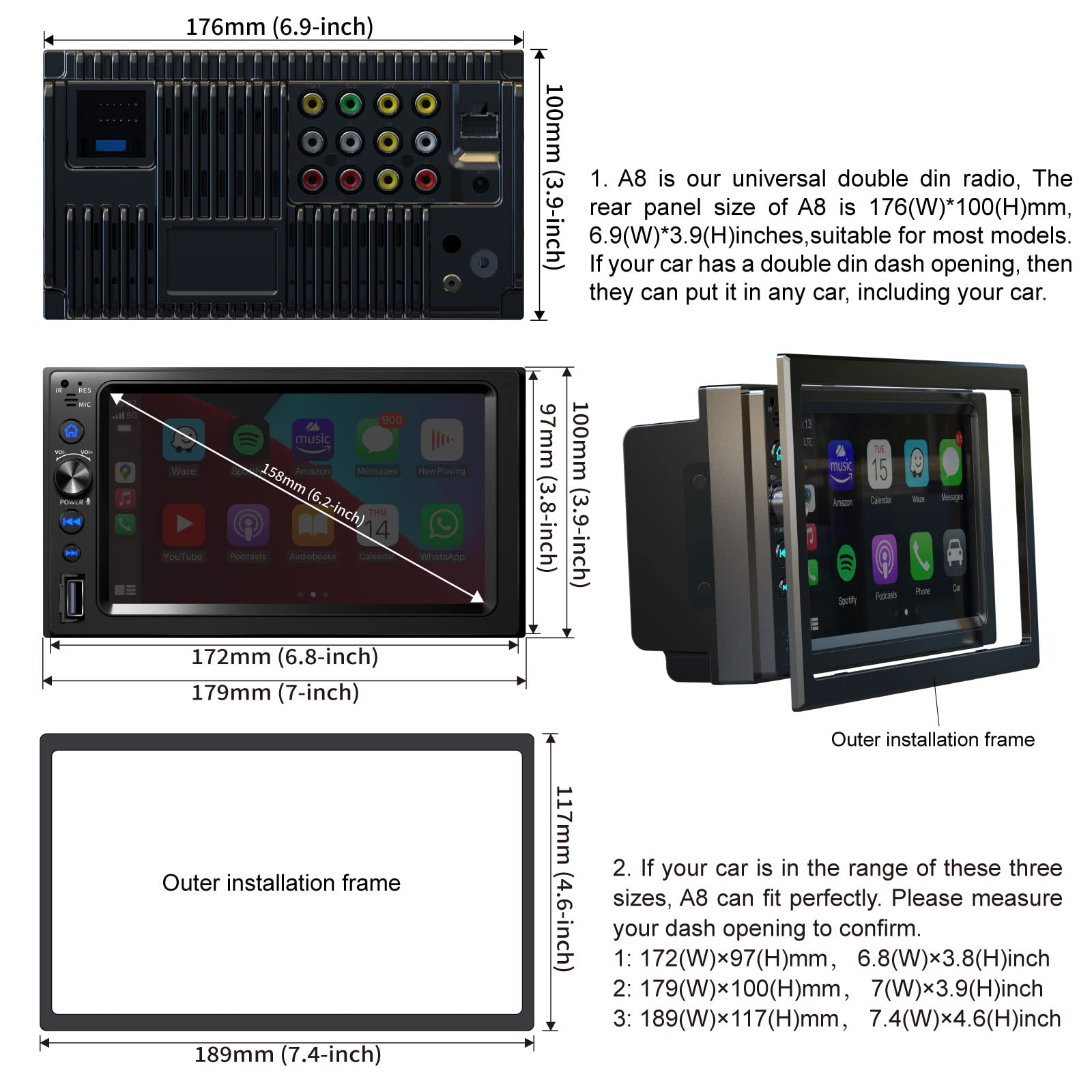 Buy Wireless Carplay Double Din Car Stereo with Back Cam, Android Auto ...