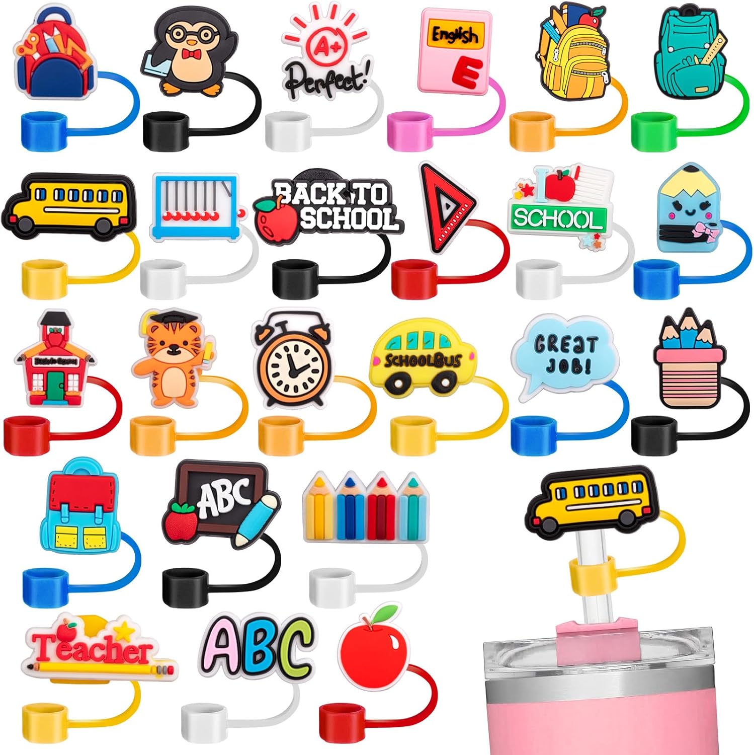 Amazon.com: Back to School Straw Covers Cap, 24 Pcs Teacher Straw ...