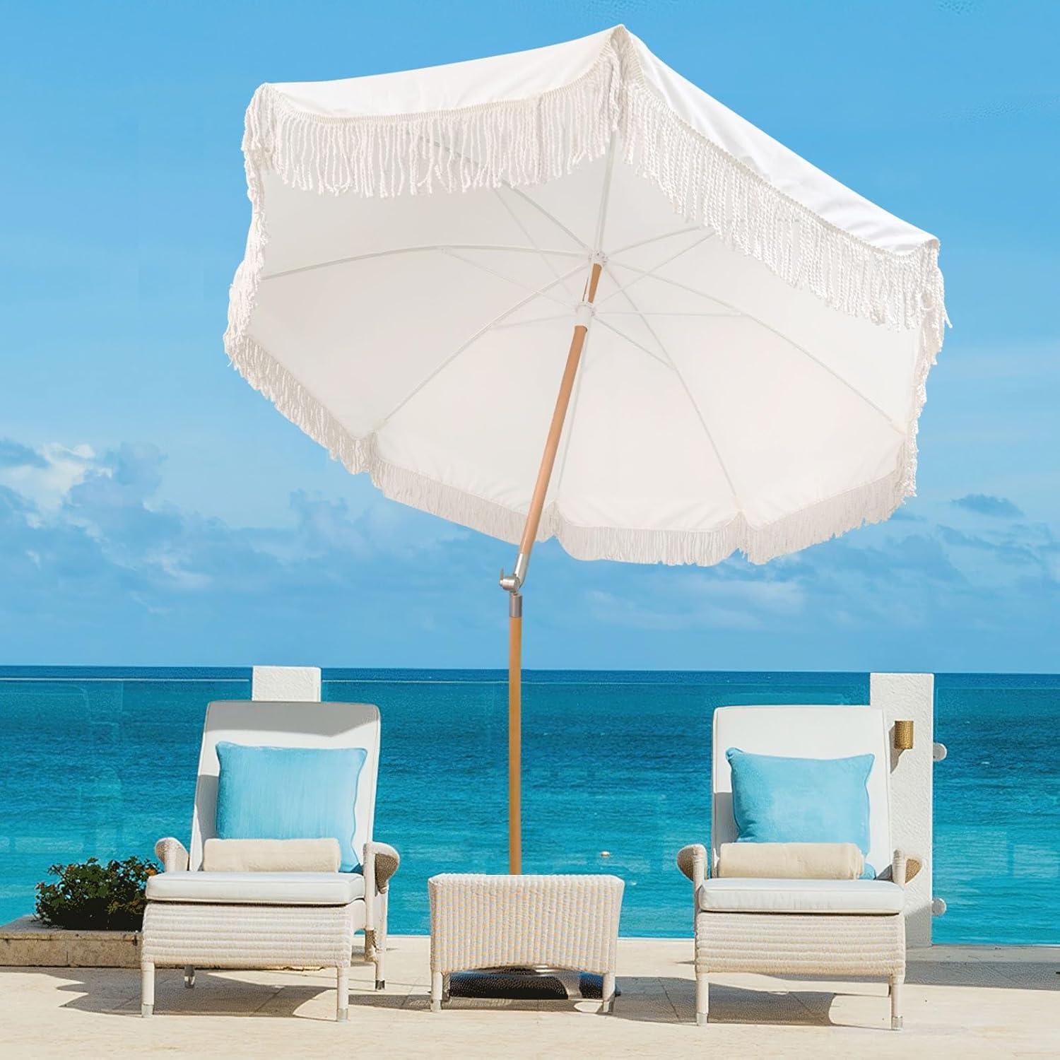 Amazon.com : Outdoor Boho Umbrella With Tassel White Patio Umbrella ...